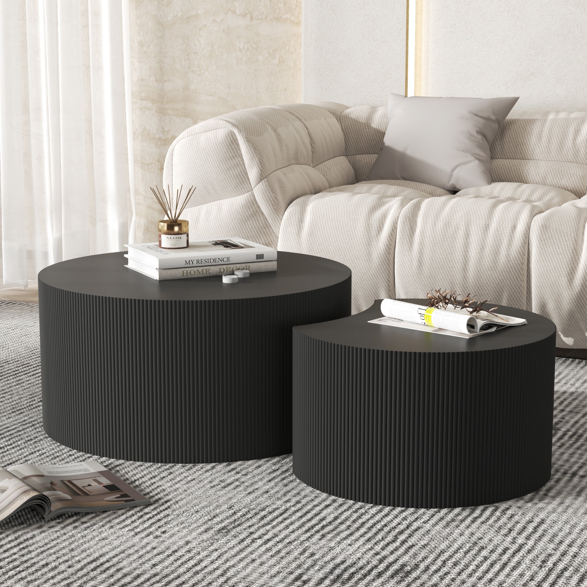 Round Black Coffee Table Set of 2, Modern Wooden Nesting Tables for ...