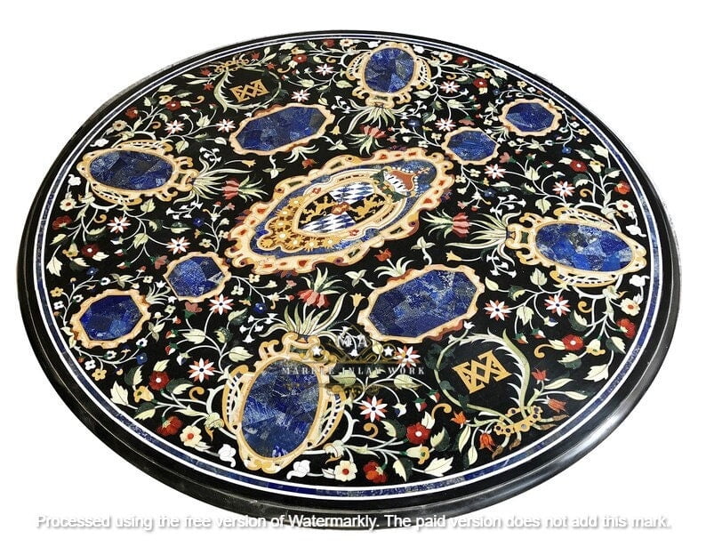 Round Black Marble Dining Table Top with Shiny Multicolor Stone Inlay ...