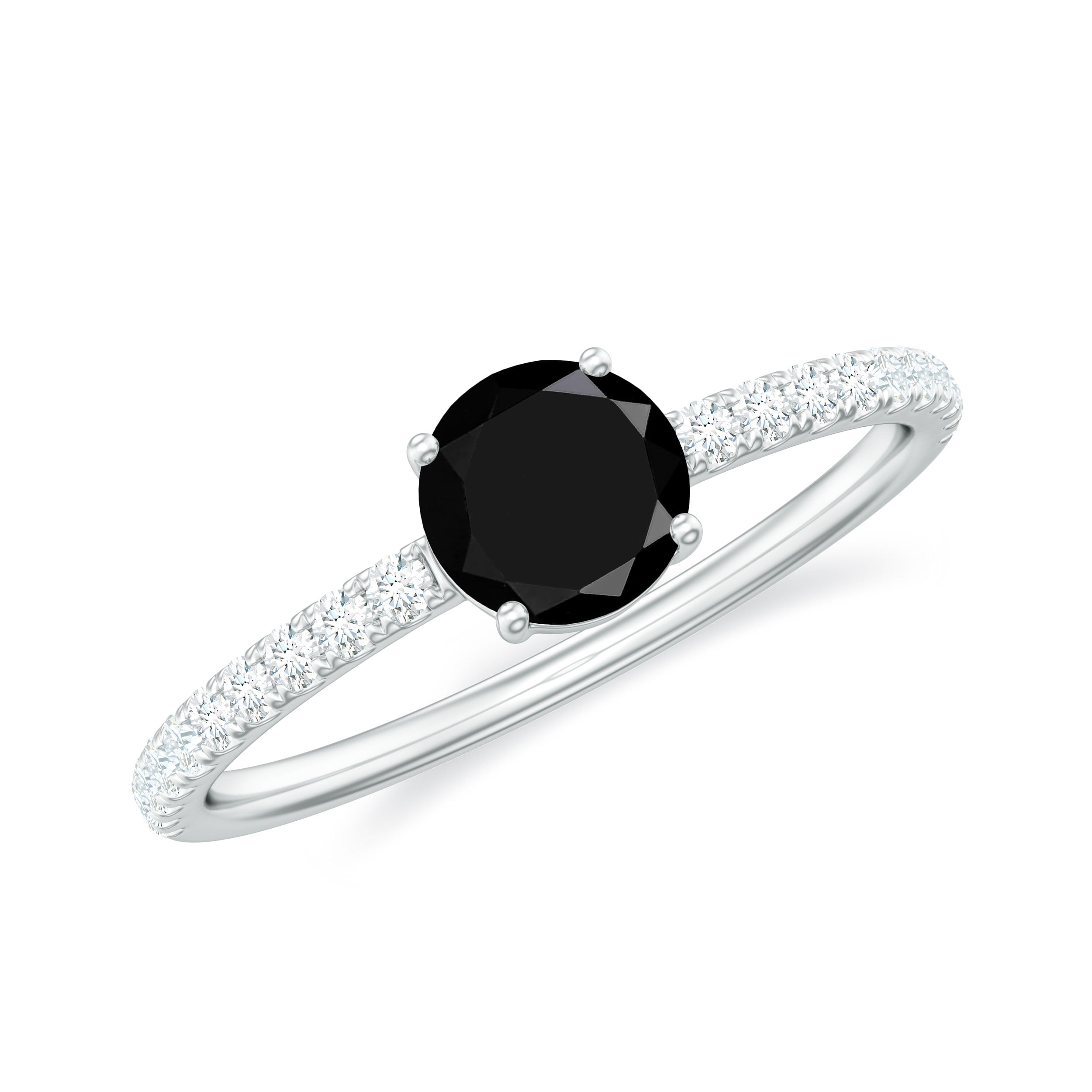 Round Black Onyx Solitaire Ring with Diamond Side Stones for Women- 5 mm, 14K White Gold, US 4. ...
