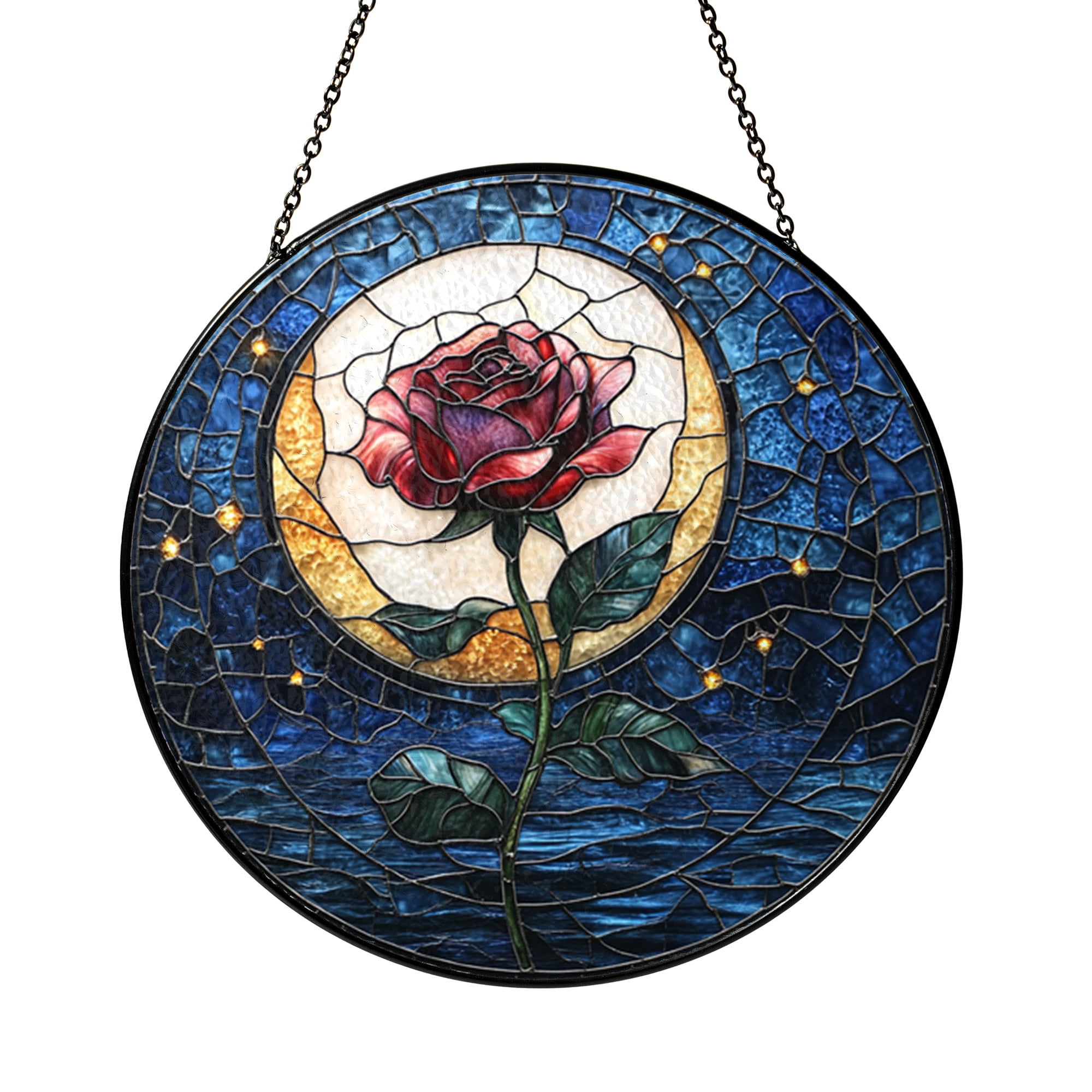 Round Blue Rose Night Scene Stained Glass Suncatcher – Decorative Art ...