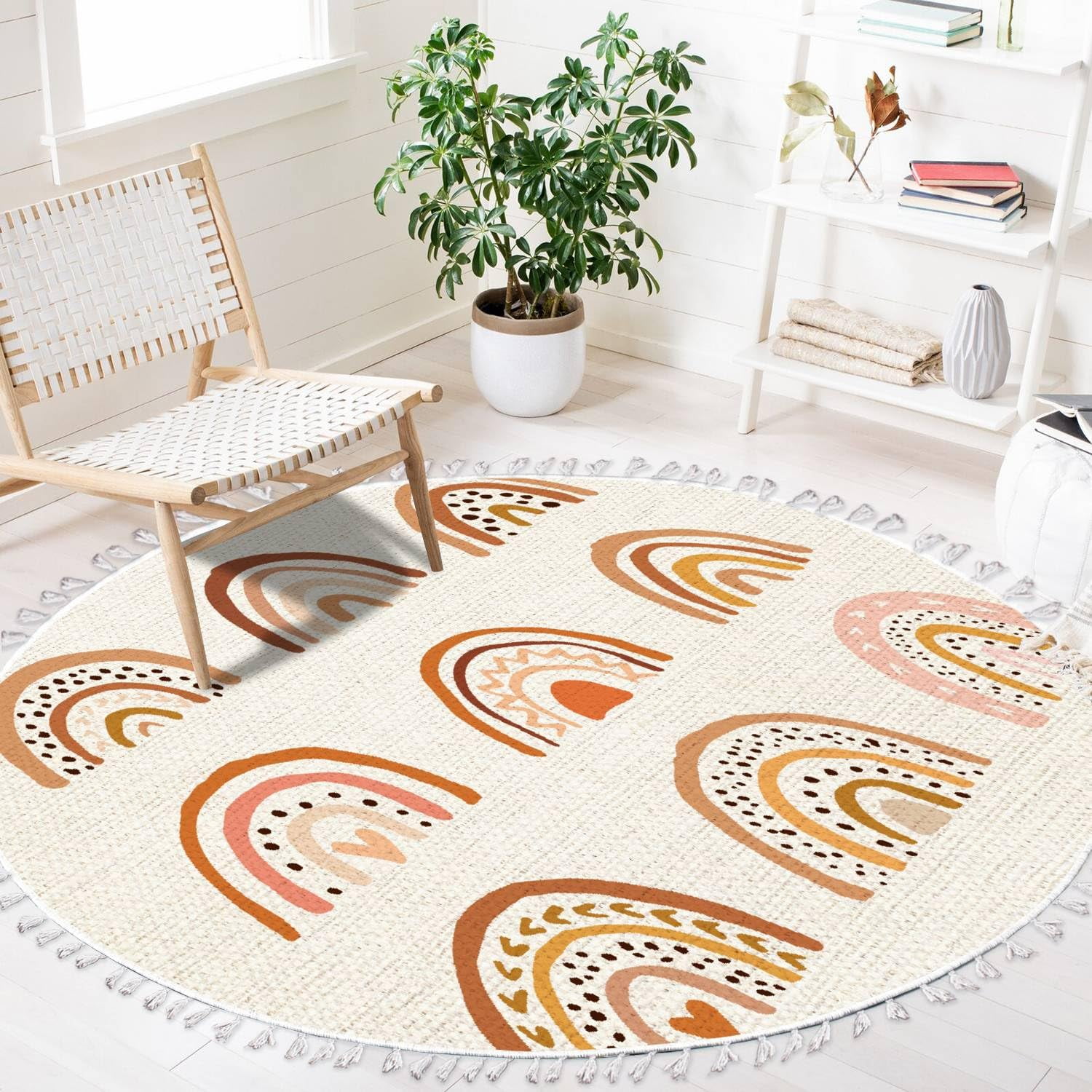 Round Boho Rug Hand Drawn Rainbows Cute Set in Pastel and Earthy Colors ...
