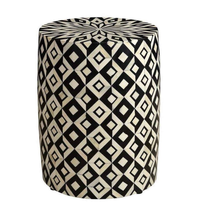Round Bone Inlay Accent Table – Op Art-Inspired Diamond Motif in Black ...