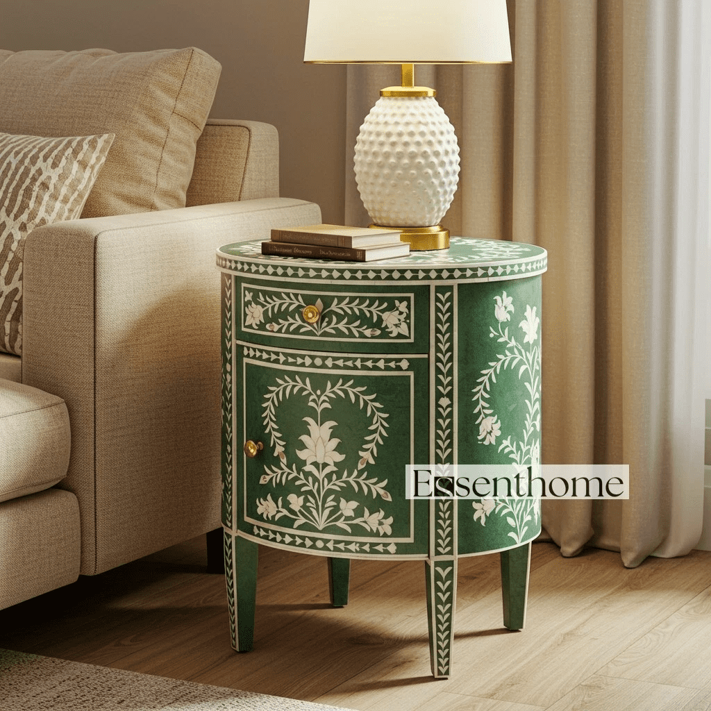 Round Bone Inlay Bedside Table Floral Pattern Handmade Accent ...