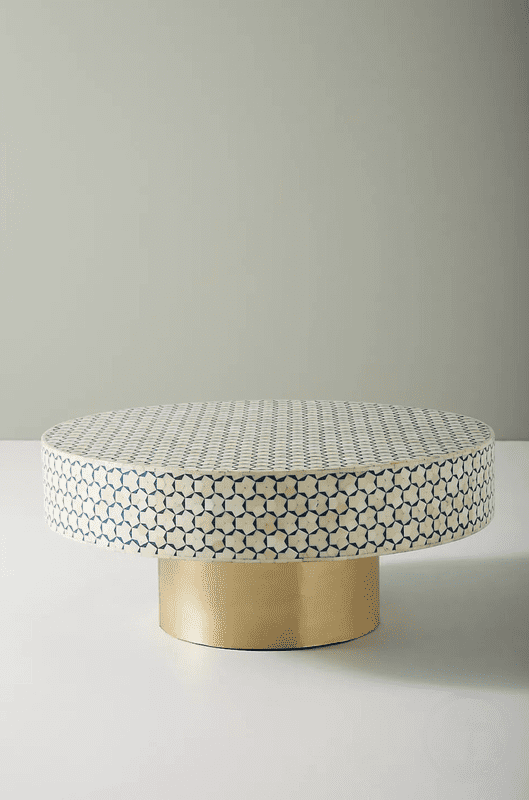 Round Bone Inlay Coffee Table – Ivory & Navy Floral Mosaic Pattern ...