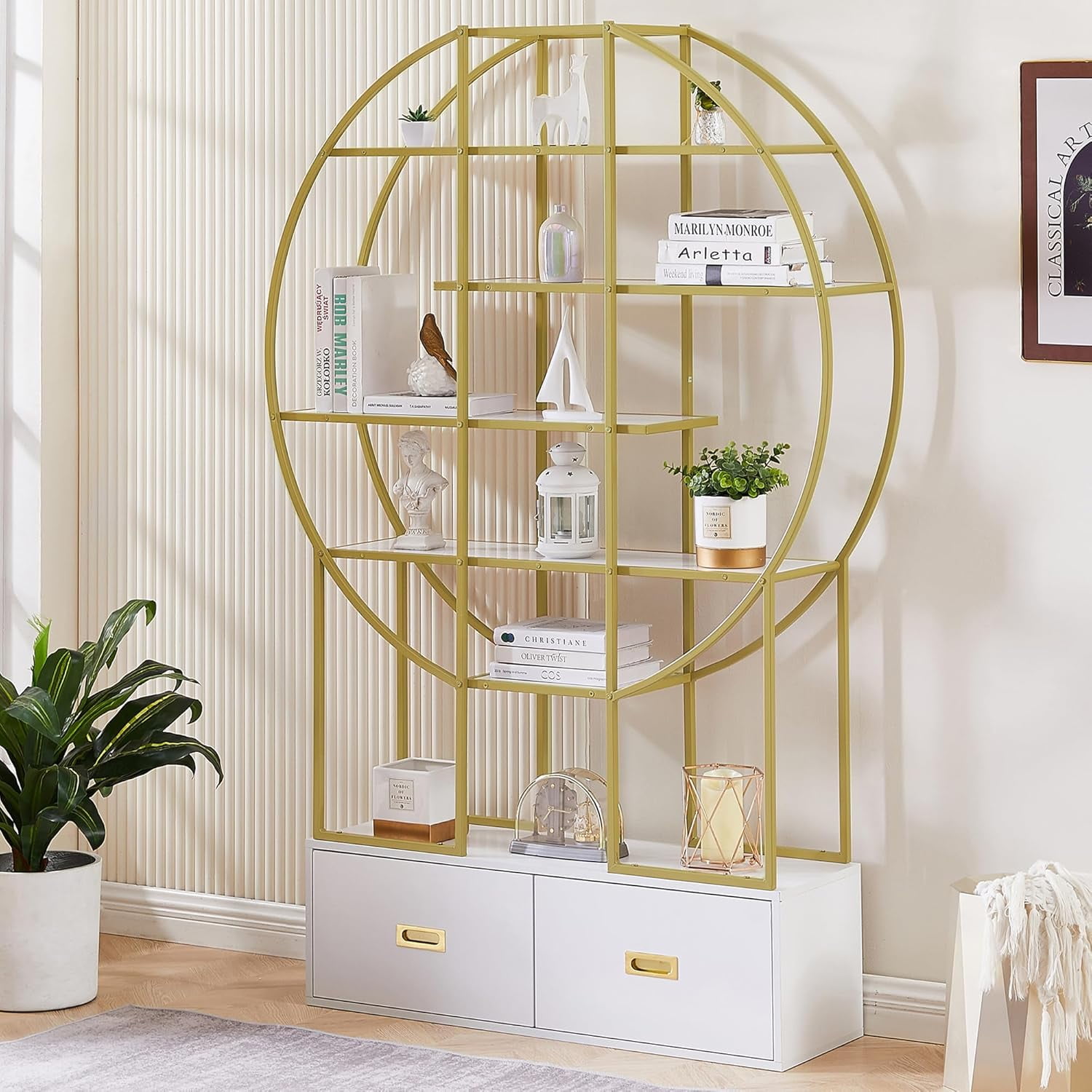Round Bookcase Bookshelf with Storage Drawers 70.8-Inch Tall Decorative ...