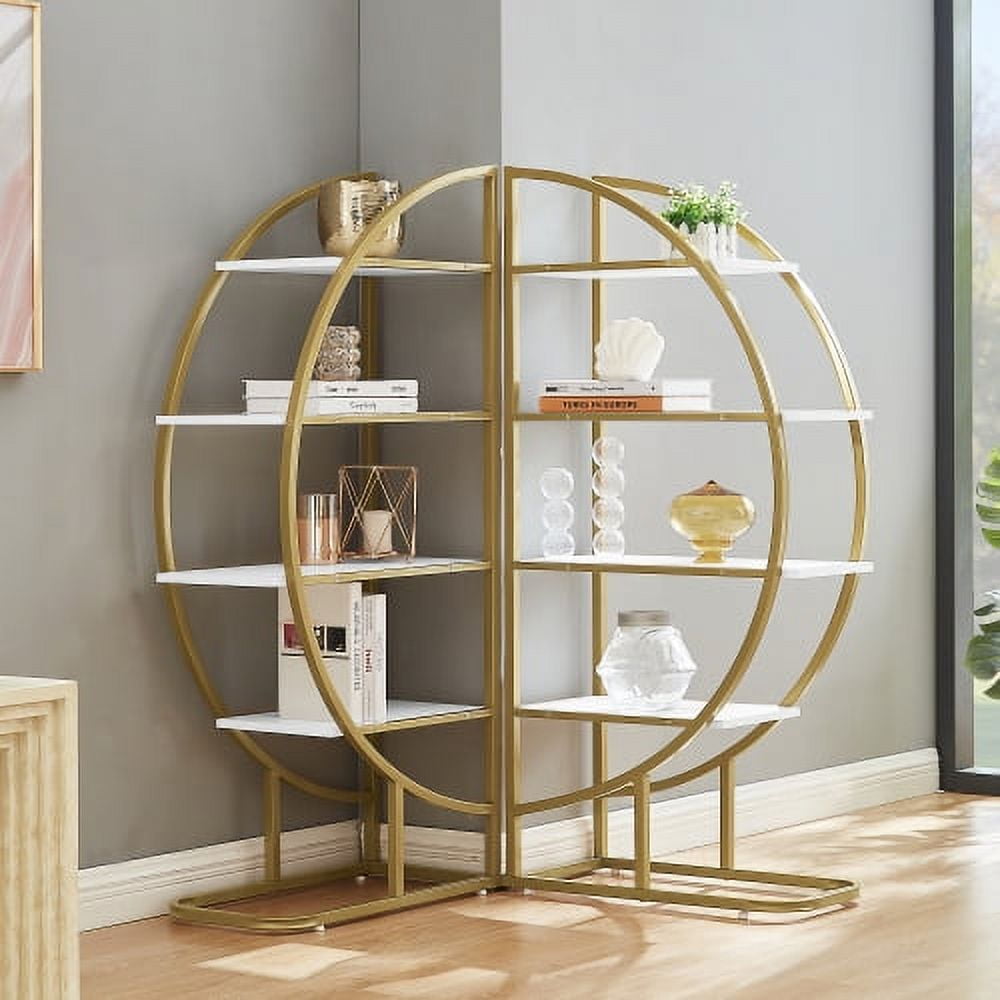 Round Bookcase Home Office 4 Tier Bookshelf Open Freestanding Storage Shelf with MDF Board Metal Frame Different Placement Ways for Living Room