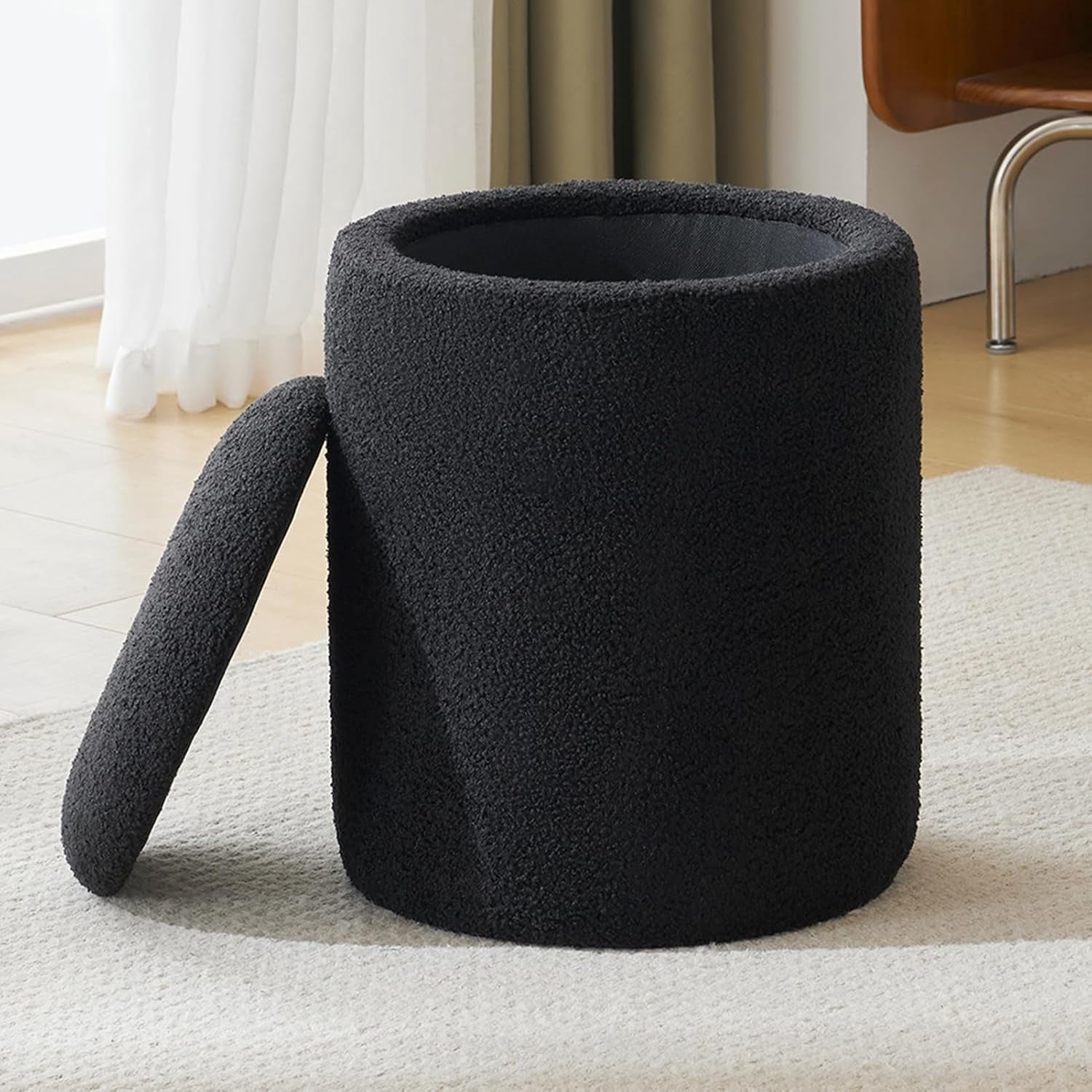 Round Boucle Ottoman with Storage, Multifunctional Upholstered Vanity ...