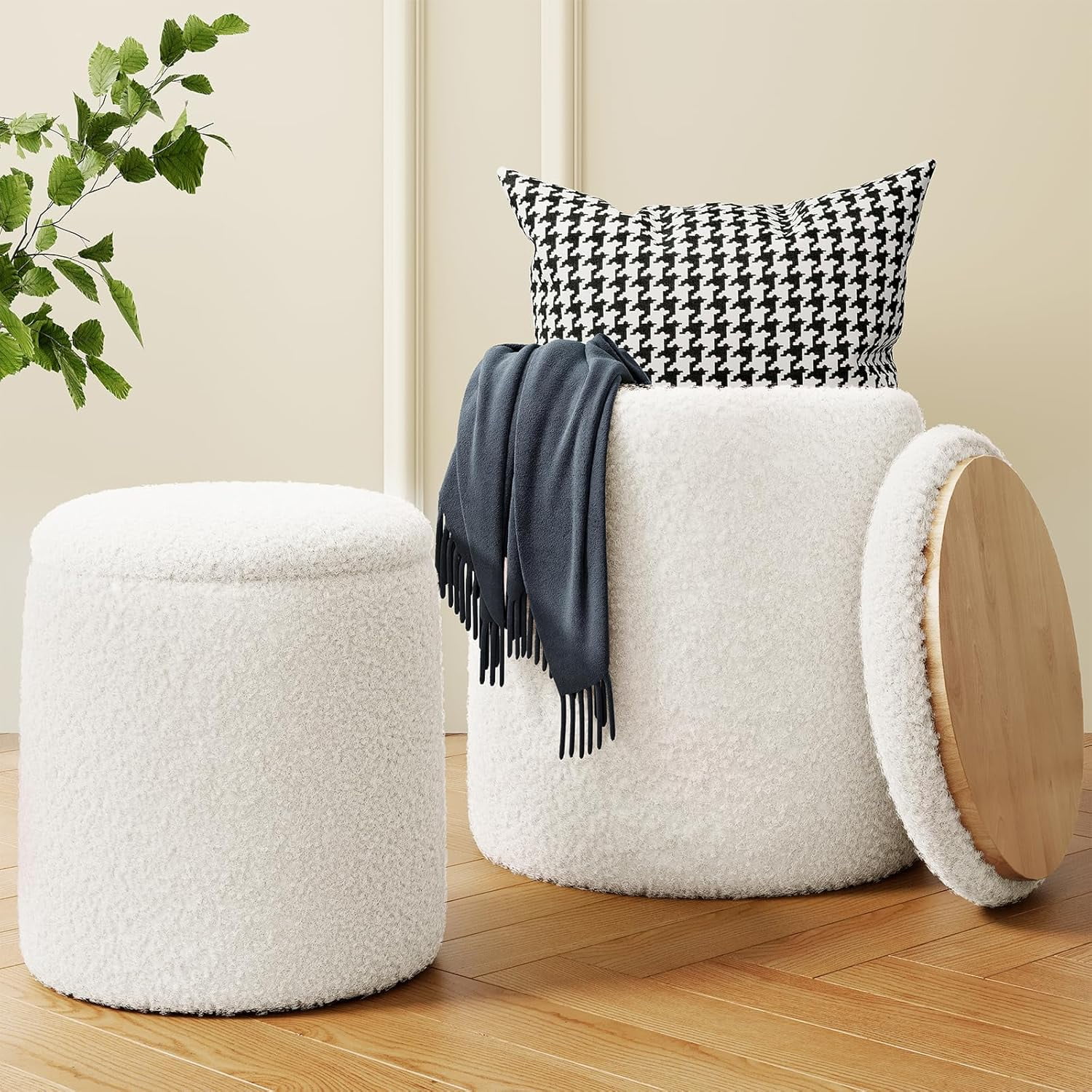 Round Boucle Ottoman with Storage Set of 2, White Ottoman Poufs for ...