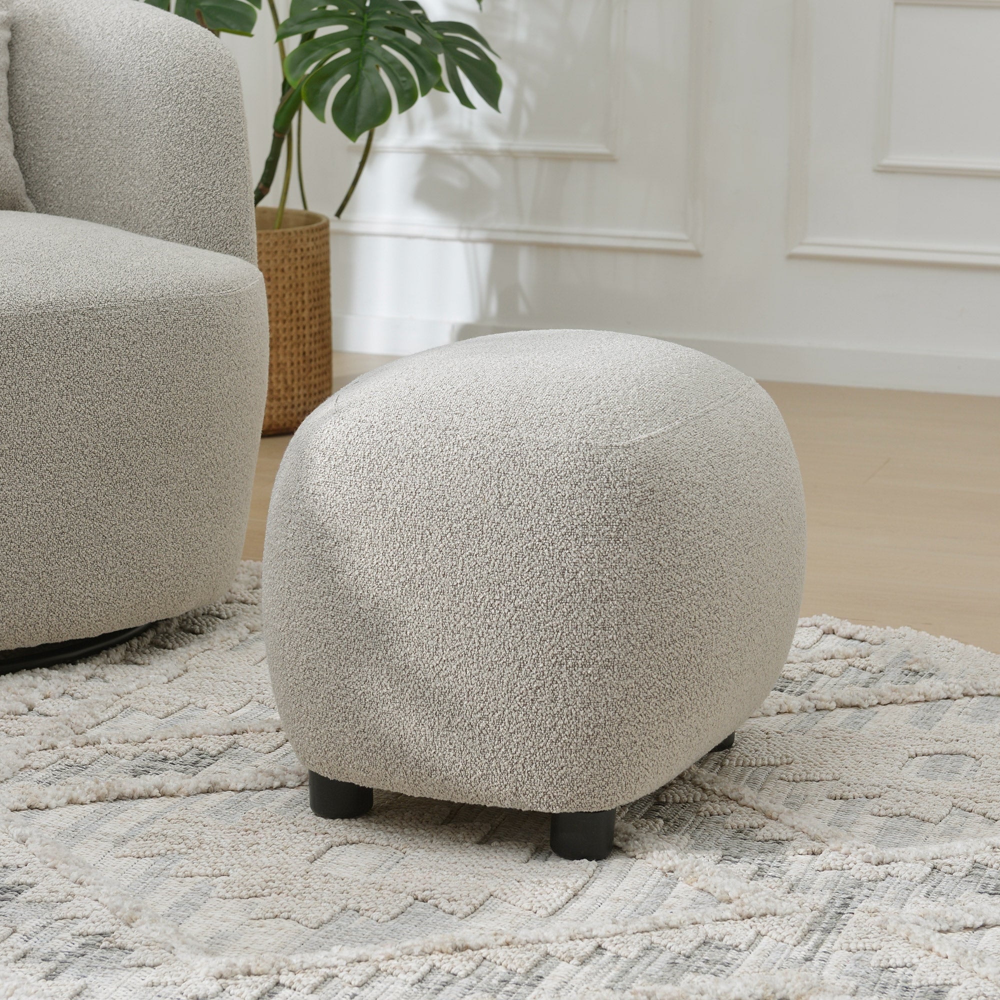 Round Boucle Upholstered Ottoman Chair, Footstool with Soft Padded Seat ...