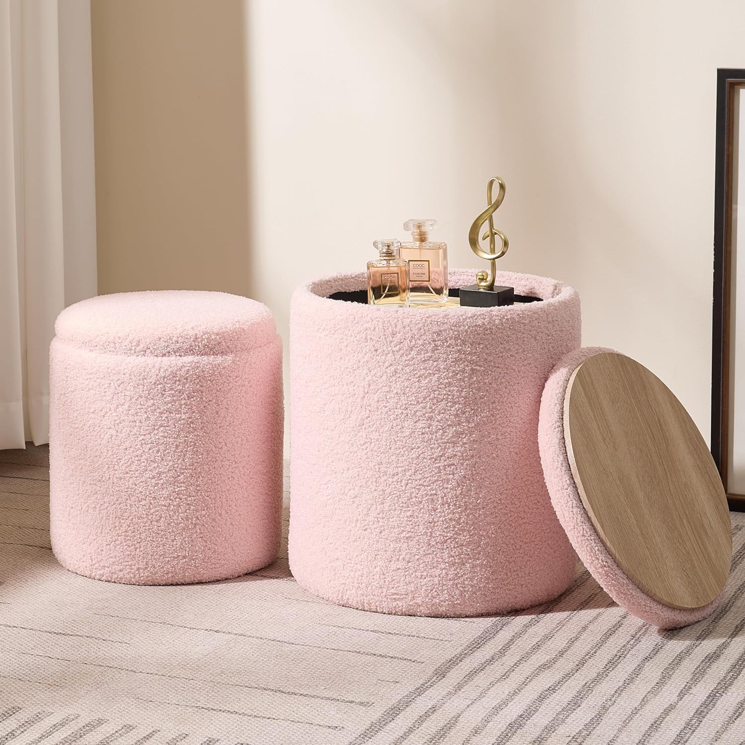 Round Boucle Upholstered Ottoman with Storage Set of 2 Vanity Stool ...