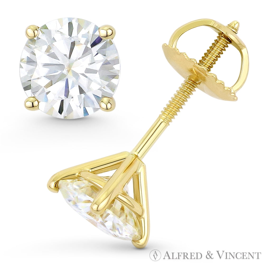Round Brilliant Cut Forever Classic 4-Prong Martini Screwback Stud Earrings in 14k Yellow Gold ...