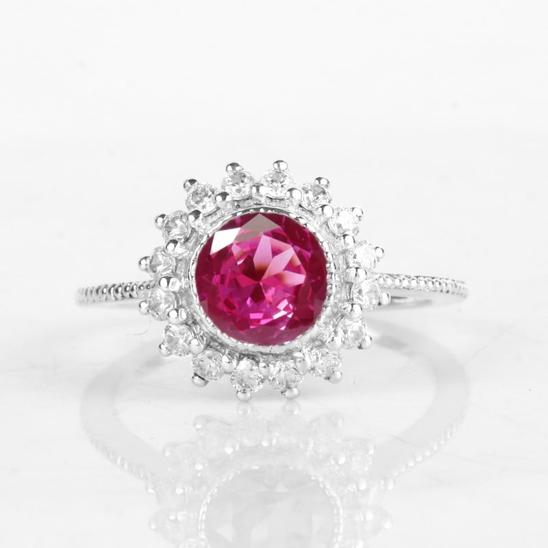 Round Brilliant Cut Ruby Engagement Ring, Halo Ring, Round Diamond ...