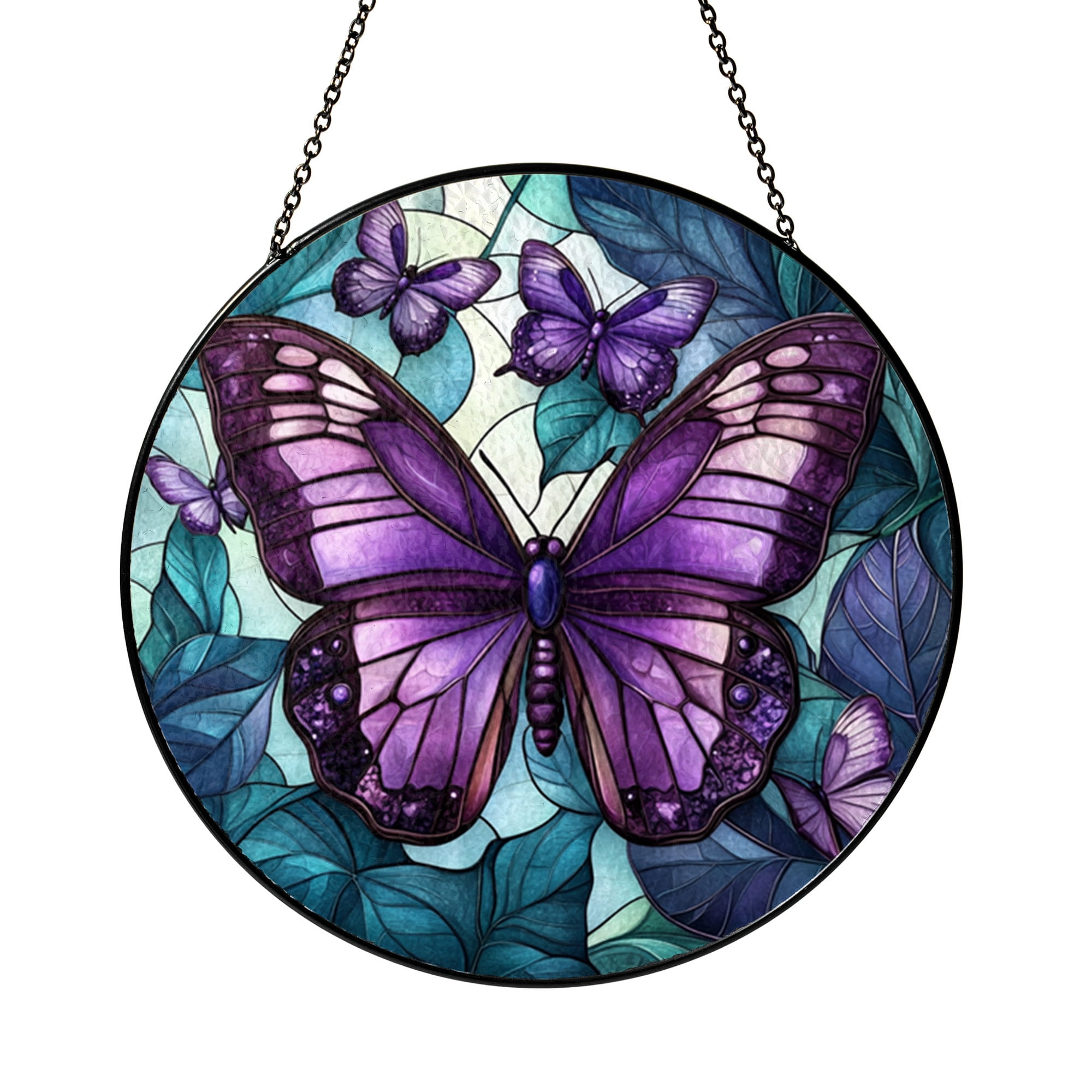 Round Butterfly Stained Glass Window Hanging, Purple and Blue Floral ...