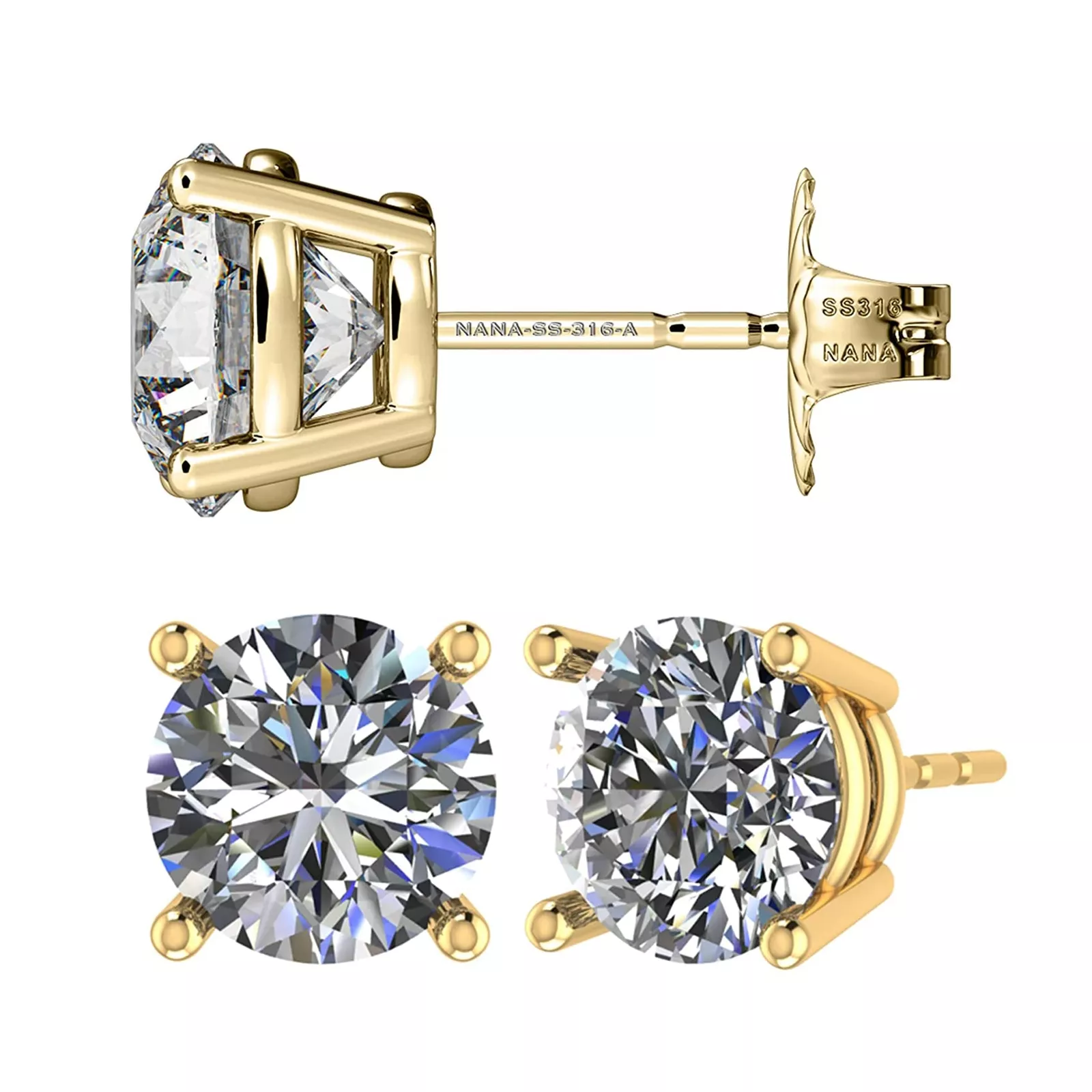 Central Diamond Center Round CZ Stud Earrings, Hypoallergenic, Sterling ...