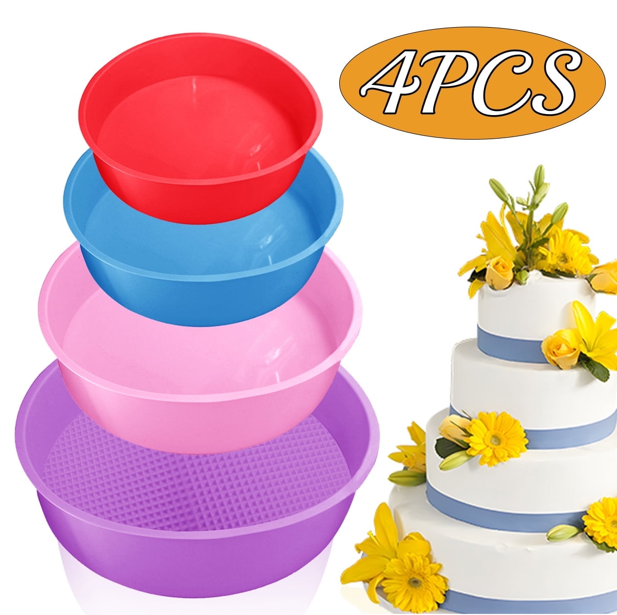 4 Pcs Round Circle Assorted Silicone Cake Pans, Non-Sticking Bakeware ...