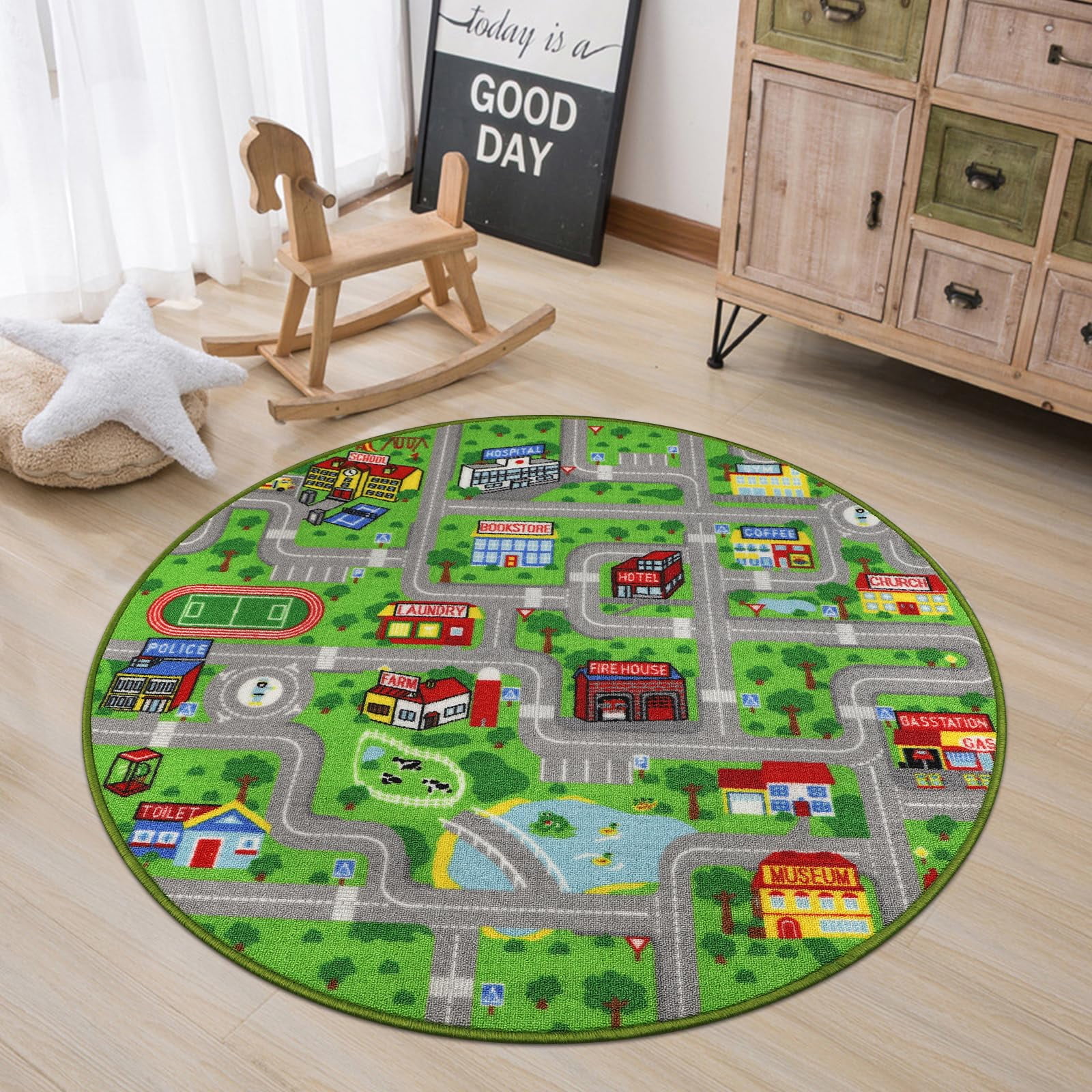 Round Carpet Play Mat for Toddlers, 4ft City Road Map Rug with School ...
