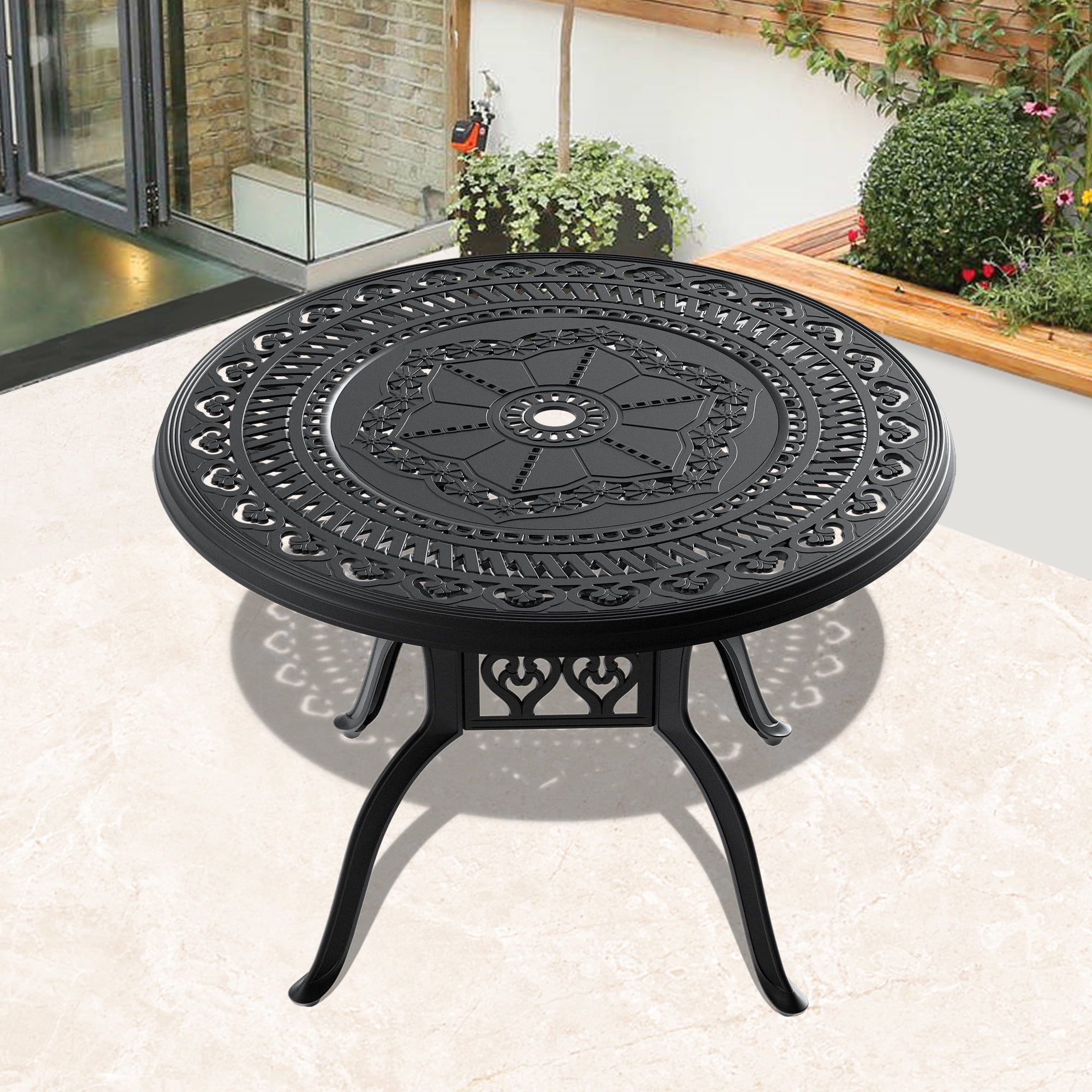 Round Cast Aluminum Patio Dining Table with Black Frame and Umbrella ...