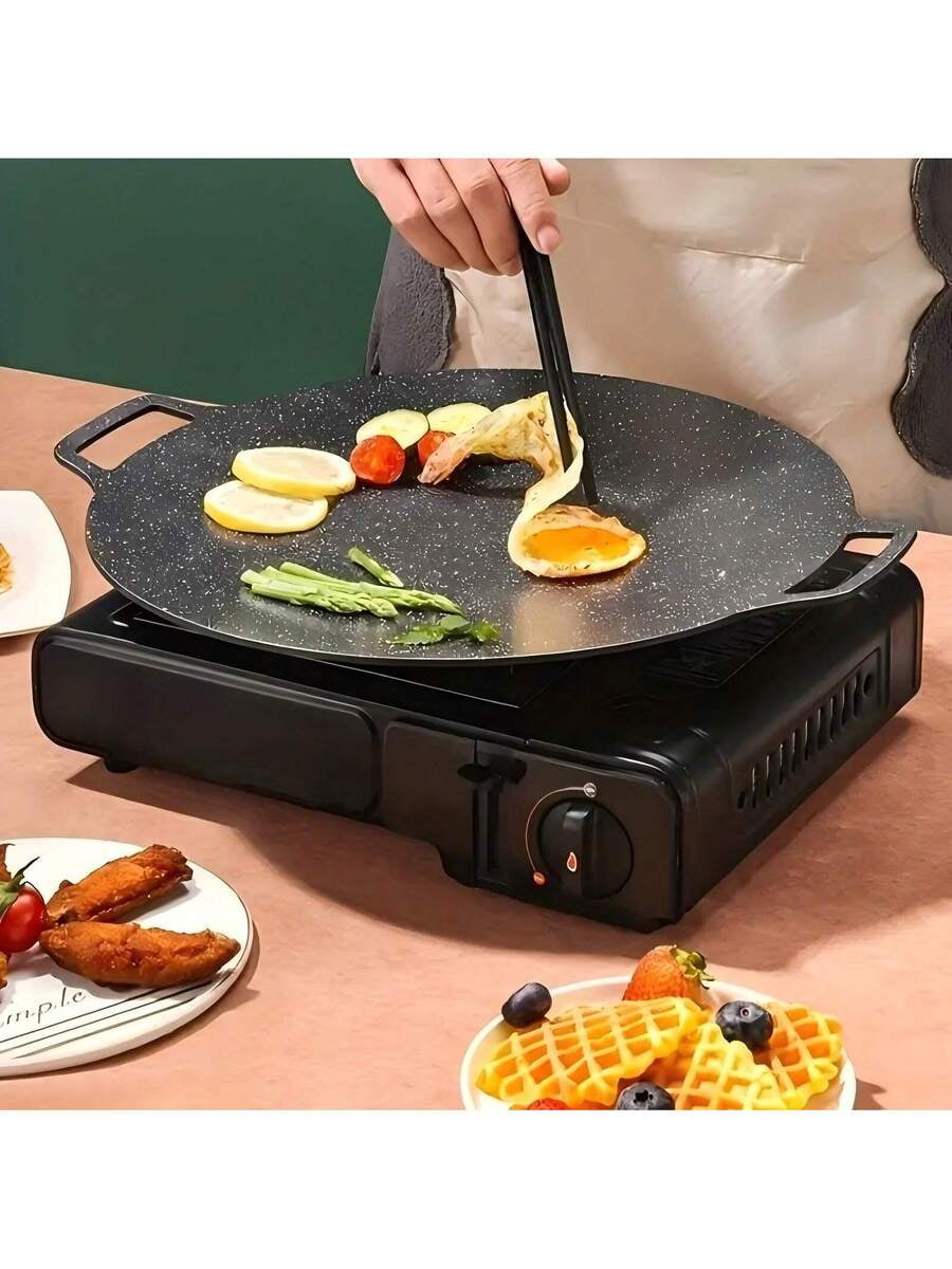 Round Cast Iron Roasting Pan, Outdoor Camping Portable Barbecue Wok ...