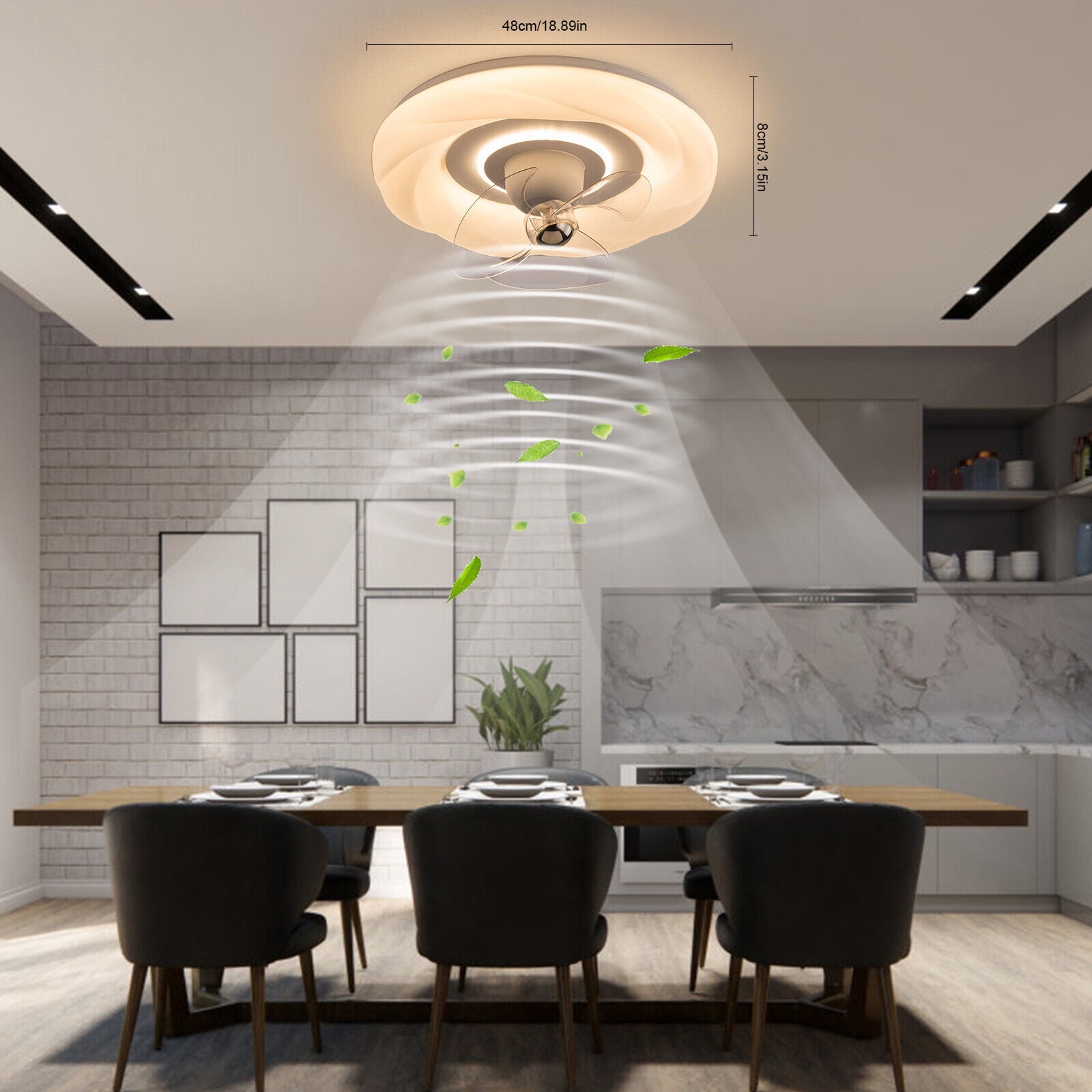 Round Ceiling Fan Light LED Dimmable Bedroom Home Chandelier + Remote ...