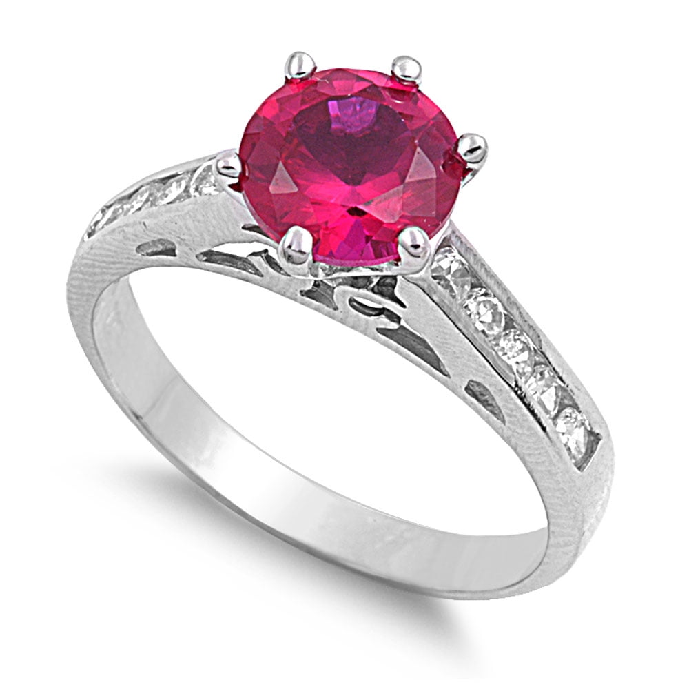 Round Center Simulated Ruby Cubic Zirconia Ring Sterling Silver 925 ...