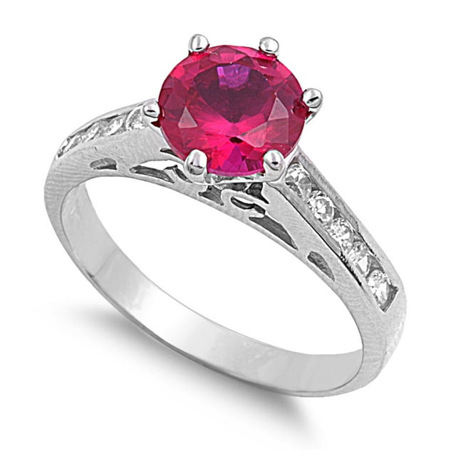 Round Center Simulated Ruby Cubic Zirconia Ring Sterling Silver 925 ...