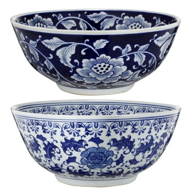 Round Ceramic Bowl with Floral Print, Set of 2, Blue And White ...