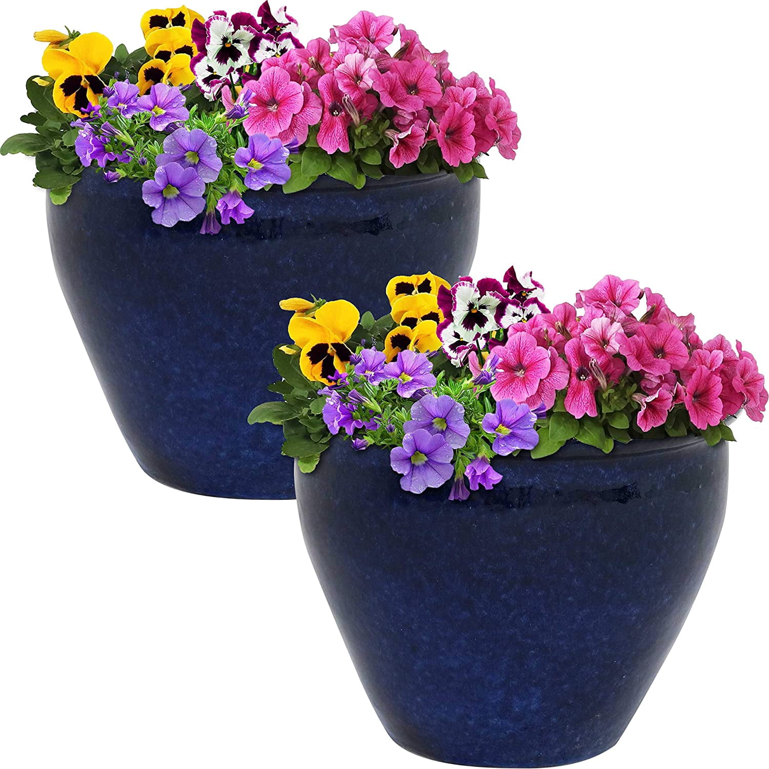 Round Ceramic Planter - Set of 2 Indoor/Outdoor Plant Pots with ...