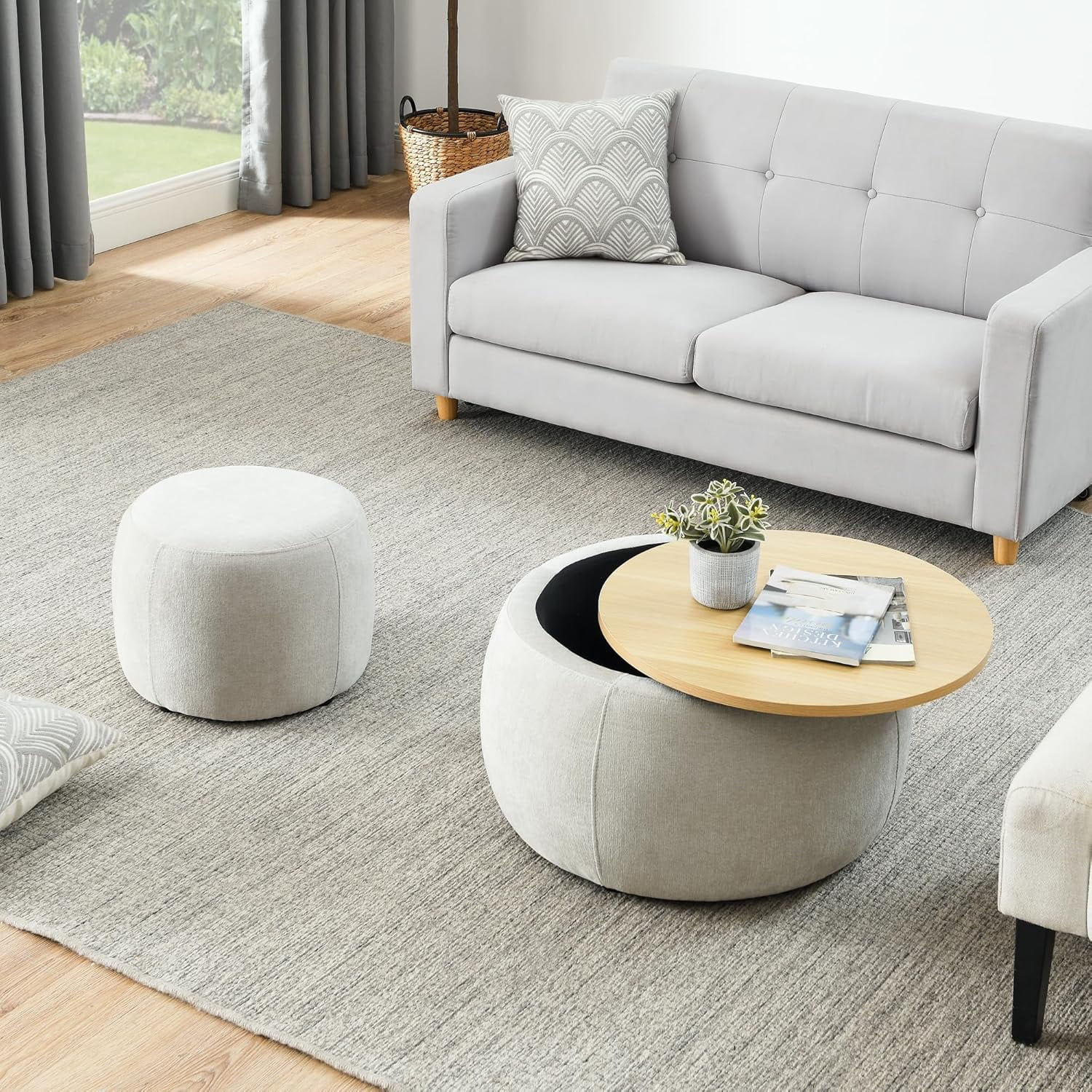 Round Chenille Storage Ottoman Set of 2, Modern Storage Coffee Table ...