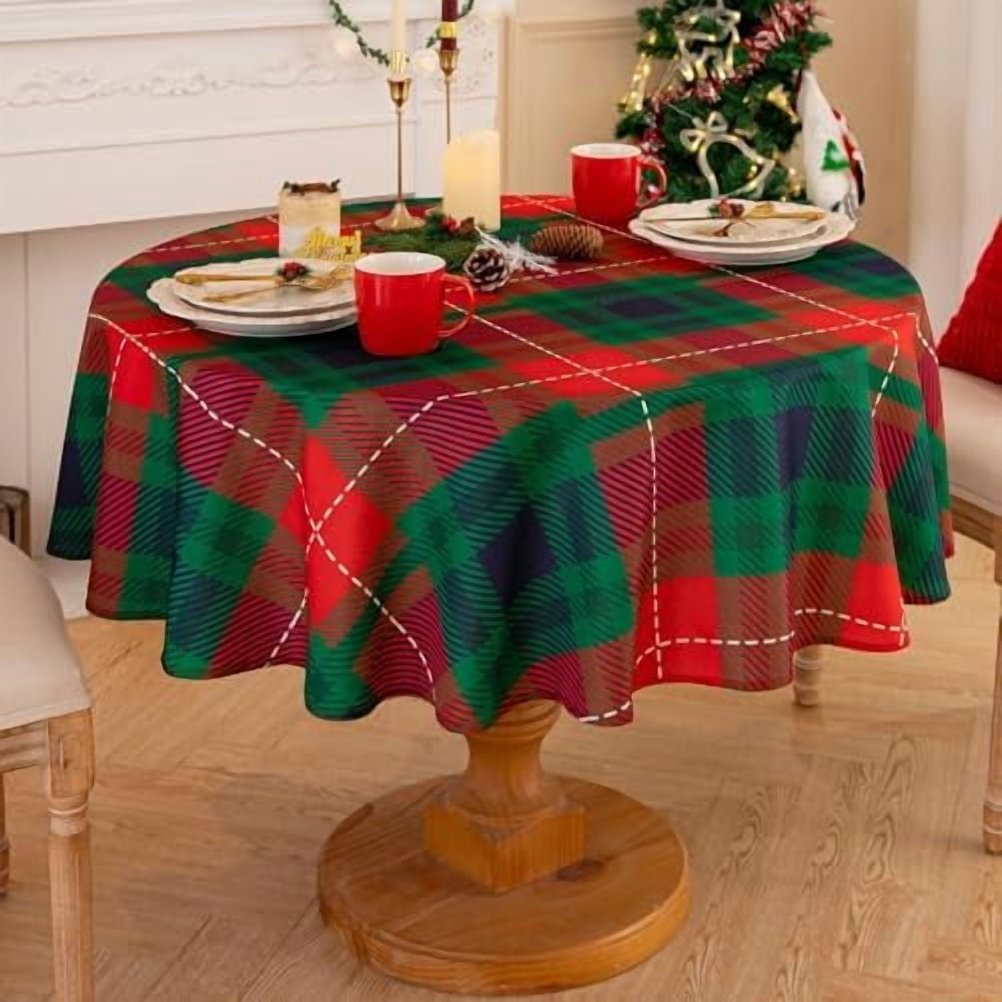 Round Christmas Tablecloth - 70 Inch - Plaid Checkered Water Stain ...