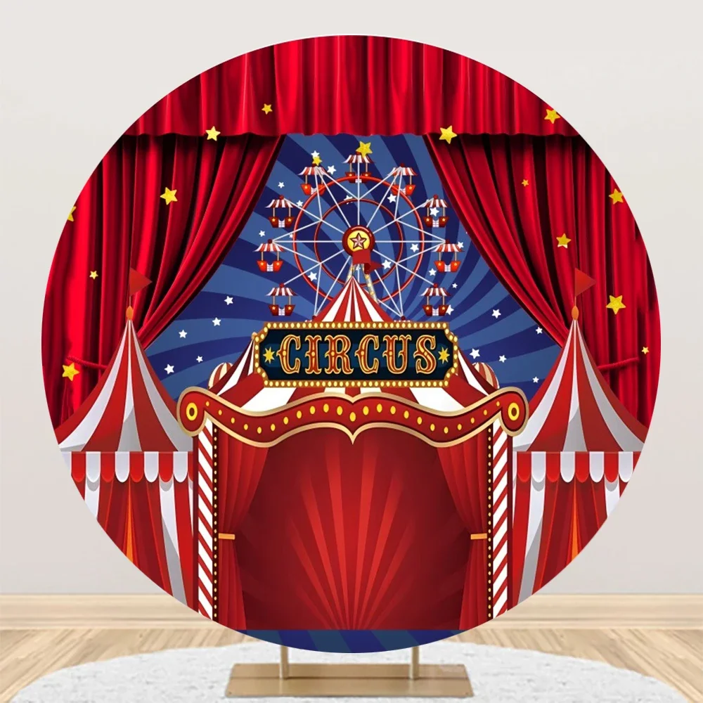 Round Circus Backdrop Red Curtains Circus Carnival Carousel Baby Happy ...