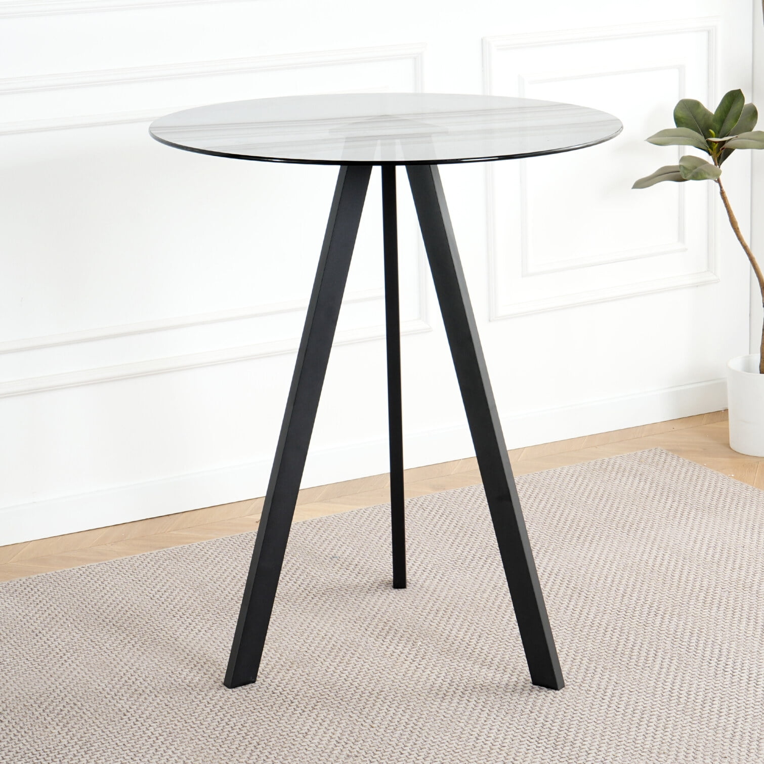 Round Clear Glass Dining Table, Modern Bar Table with Triangle Metal ...