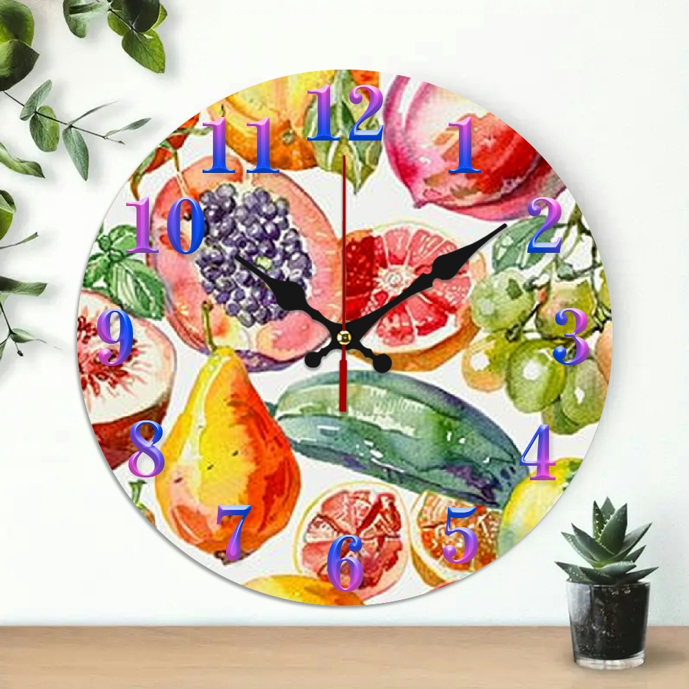 Round Clock, Fruits vegetables watercolor painting Print, Wall Decor ...