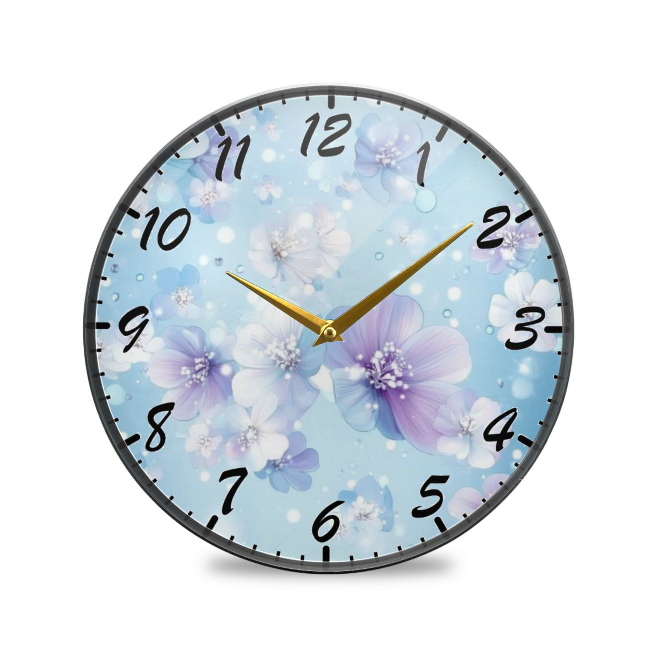 Round Clock Wall Clock Decorative Clock 11.9" Sizes Clock Blue Background White Flowers ...