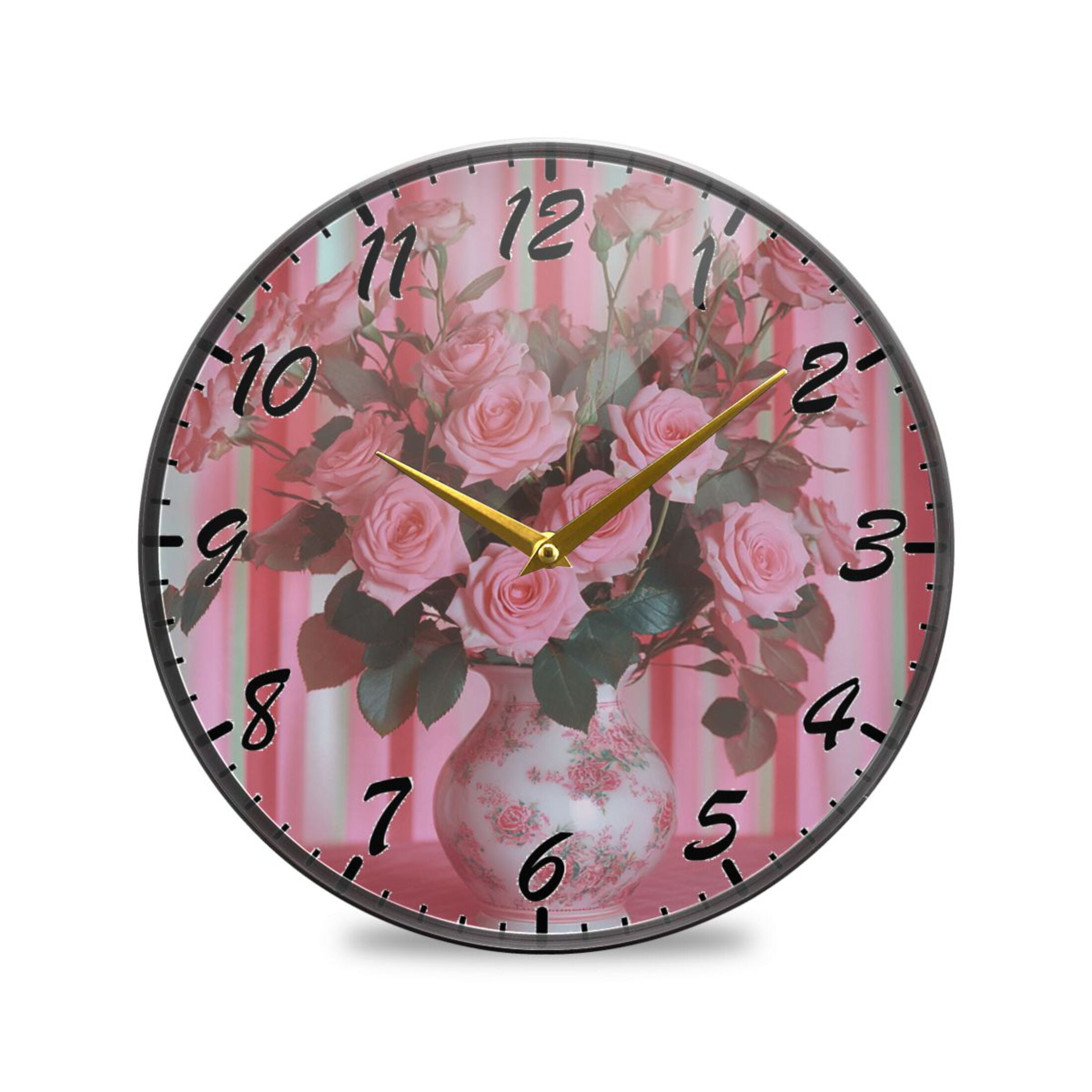Round Clock Wall Clock Decorative Clock 11.9" Sizes Clock Pink Roses ...