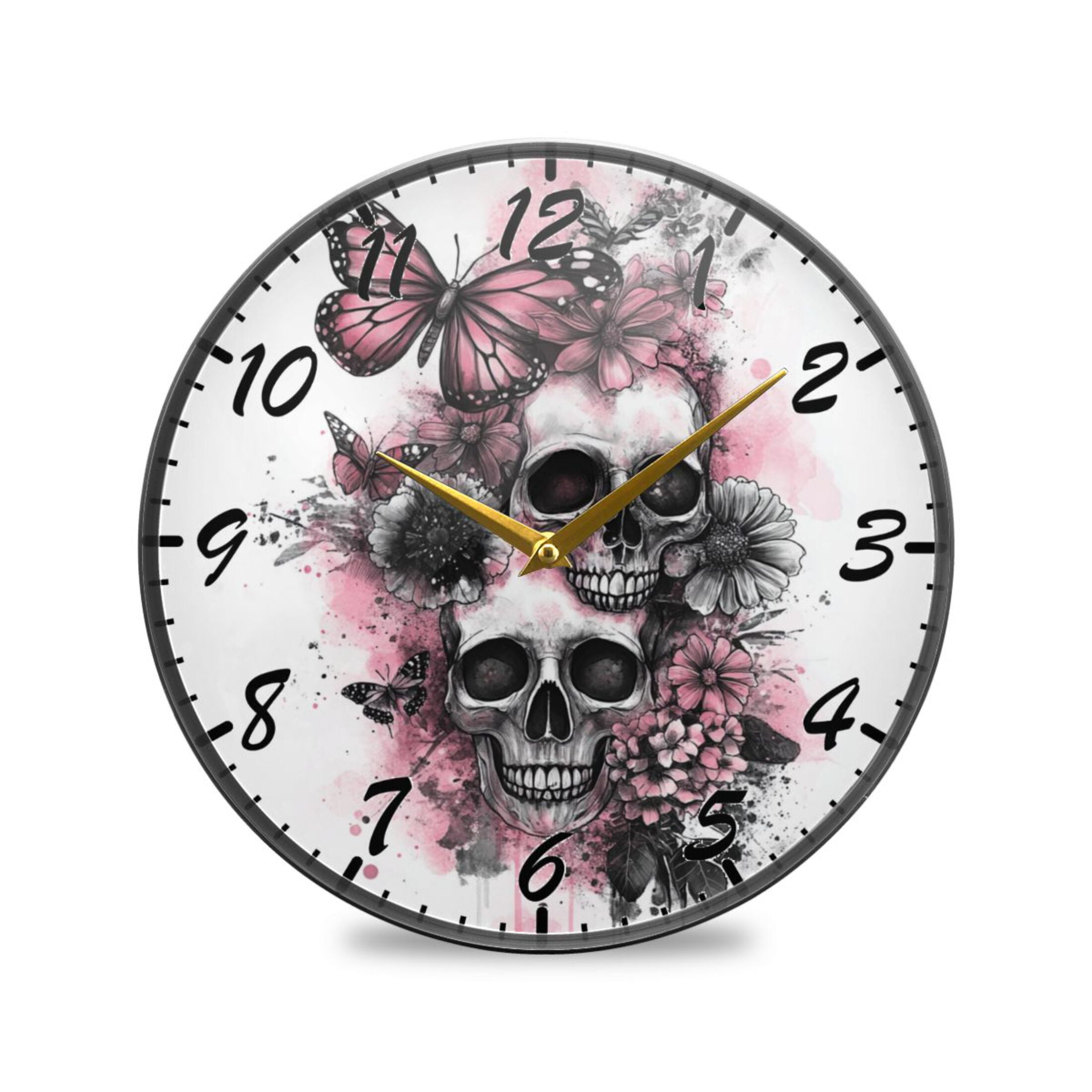 Round Clock Wall Clock Decorative Clock 11.9" Sizes Clock Two Skulls and Butterflies - Walmart.com
