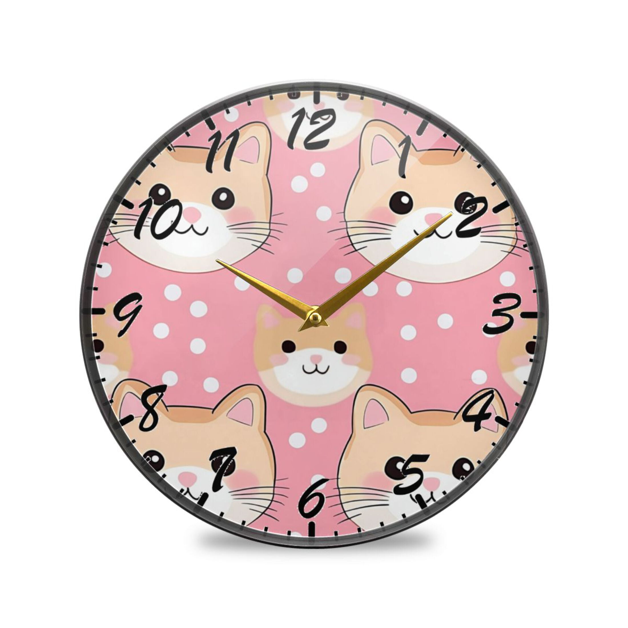 Round Clock Wall Clock Decorative Clock 9.5" Sizes Clock Cute Cat Face ...