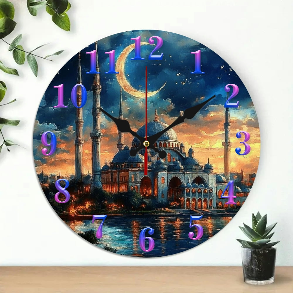 Round Clock, mosque crescent moon fantasy art Print, Battery Operated ...