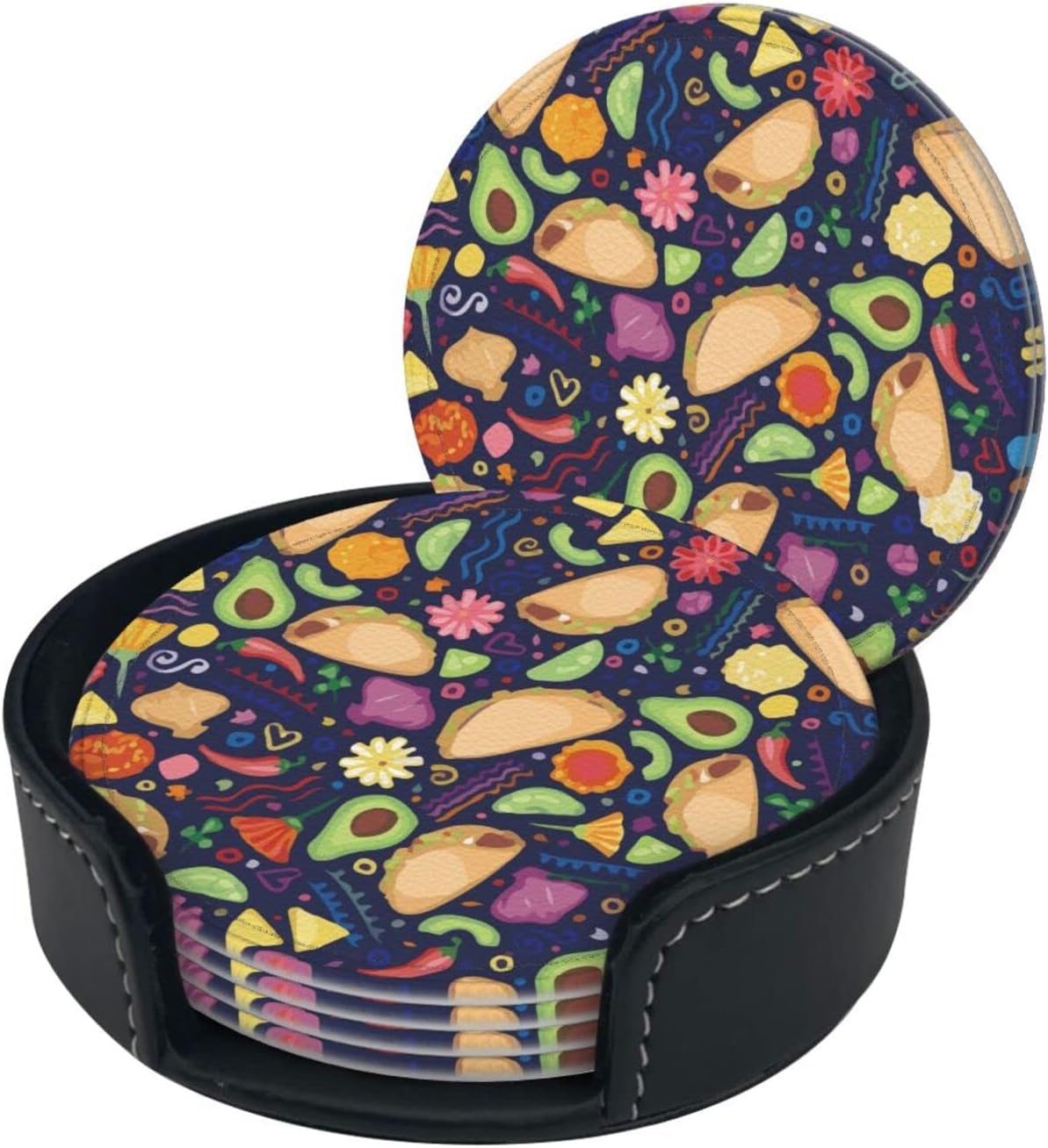 Round Coaster Set of 6 with Holder Avocado-Taco-Fiesta Leather Coasters ...
