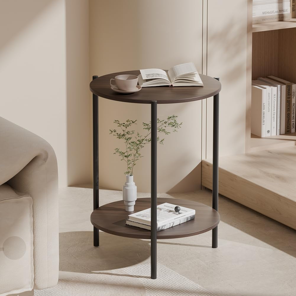 Round Coffee Table, 15.7" Small Side Table for Bedroom, 2-Tier Wood ...