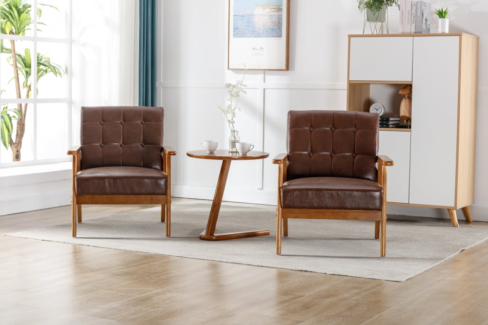 Round Coffee Table with 2 Chairs Mid Century Upholstered Leisure Chair with Solid Wood Armrest and Legs Tufted Back Lounge Chair for Living Room