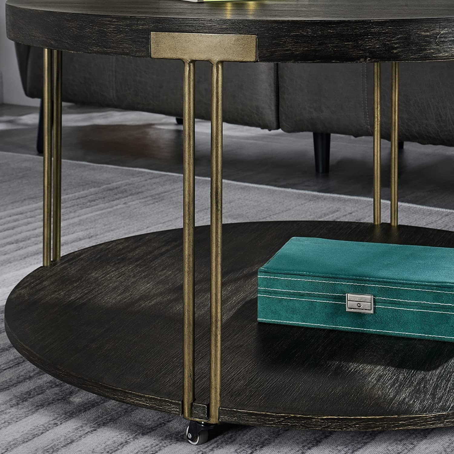 Round Coffee Table 2-Tier Cocktail Table with Storage Shelf Solid Wood ...