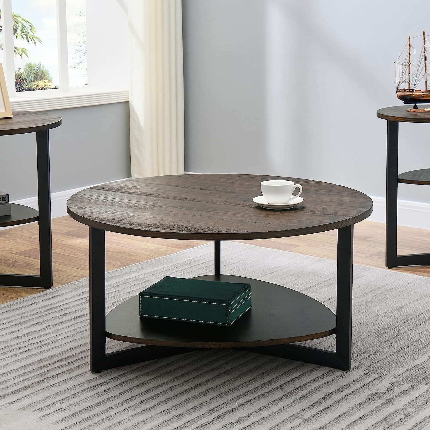 Round Coffee Table 2-Tier Modern Industrail Center Table Coffee Table ...