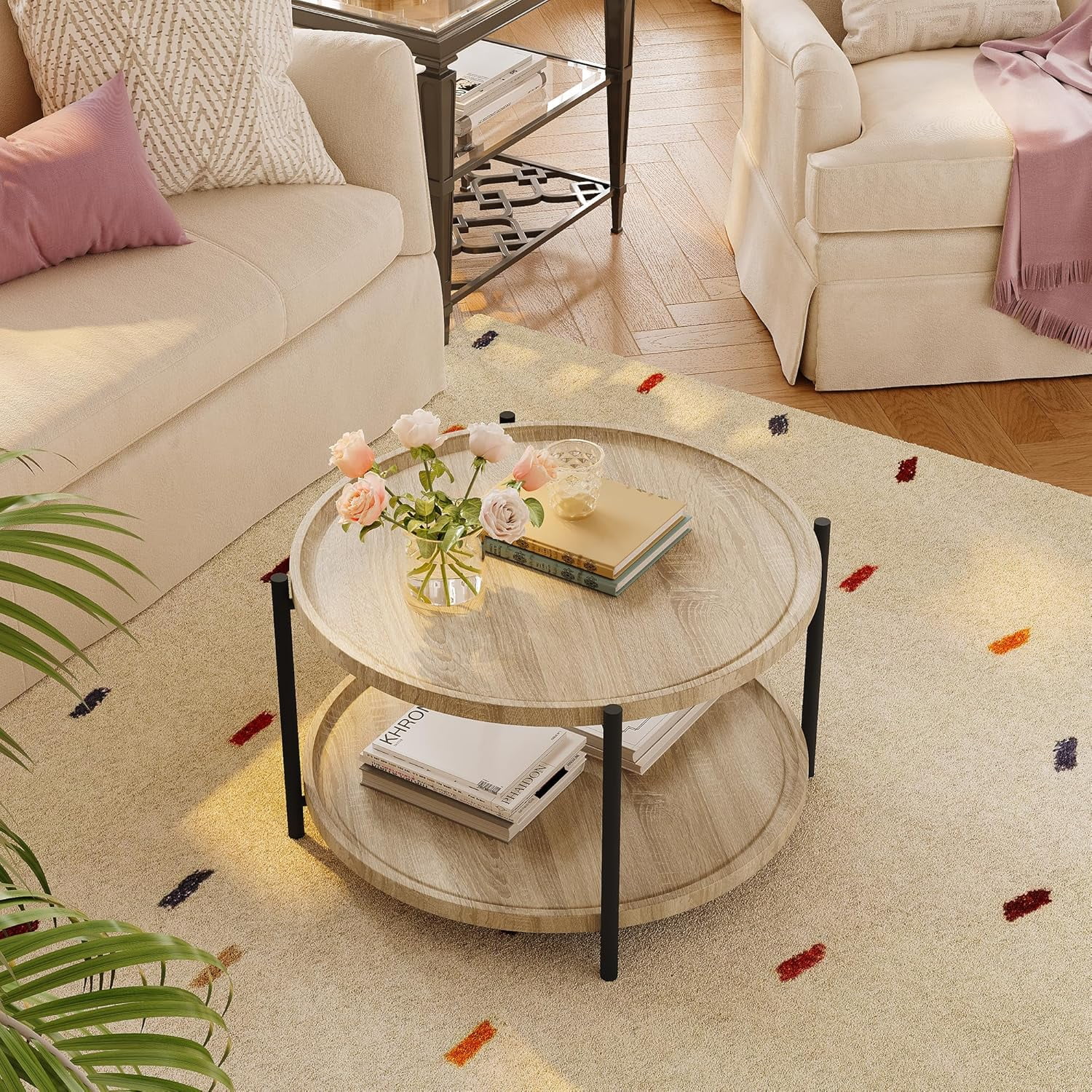Round Coffee Table, 2 Tier Rustic Wood Desktop with Storage Shelf ...