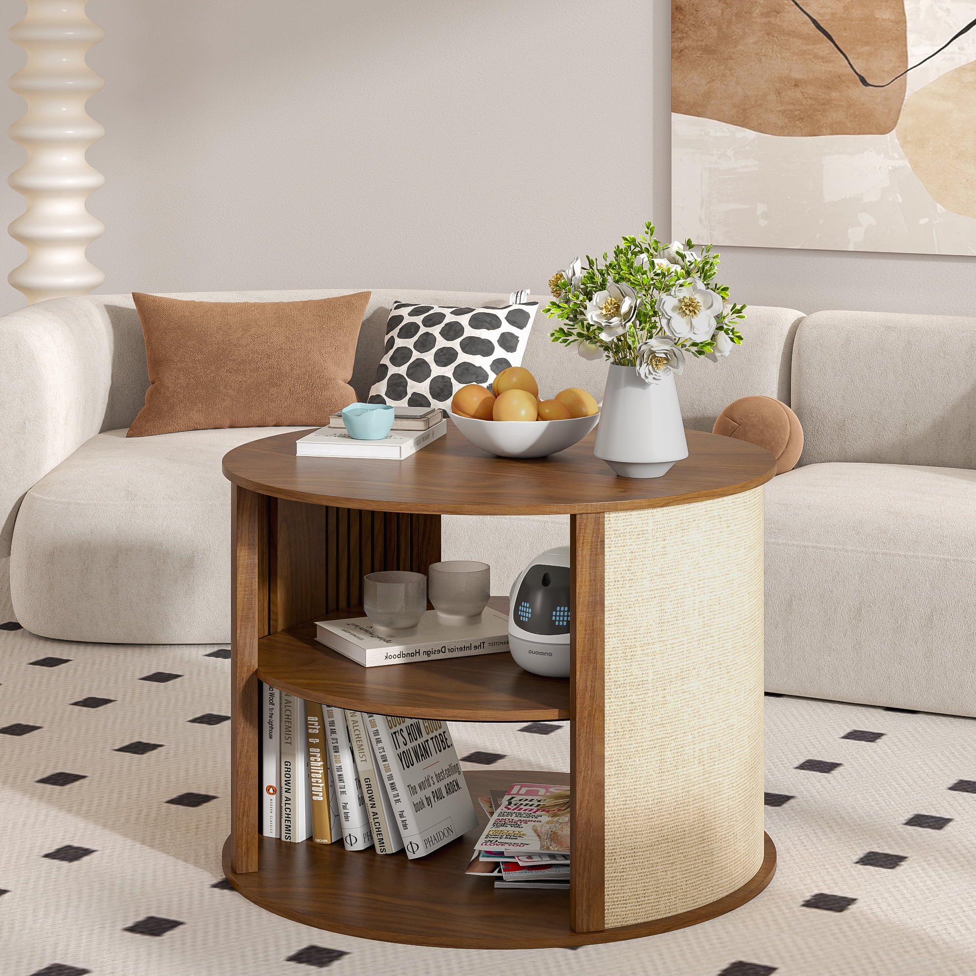 Round Coffee Table, 2-Tier Wood Center Coffee Table with Storage Shelf ...