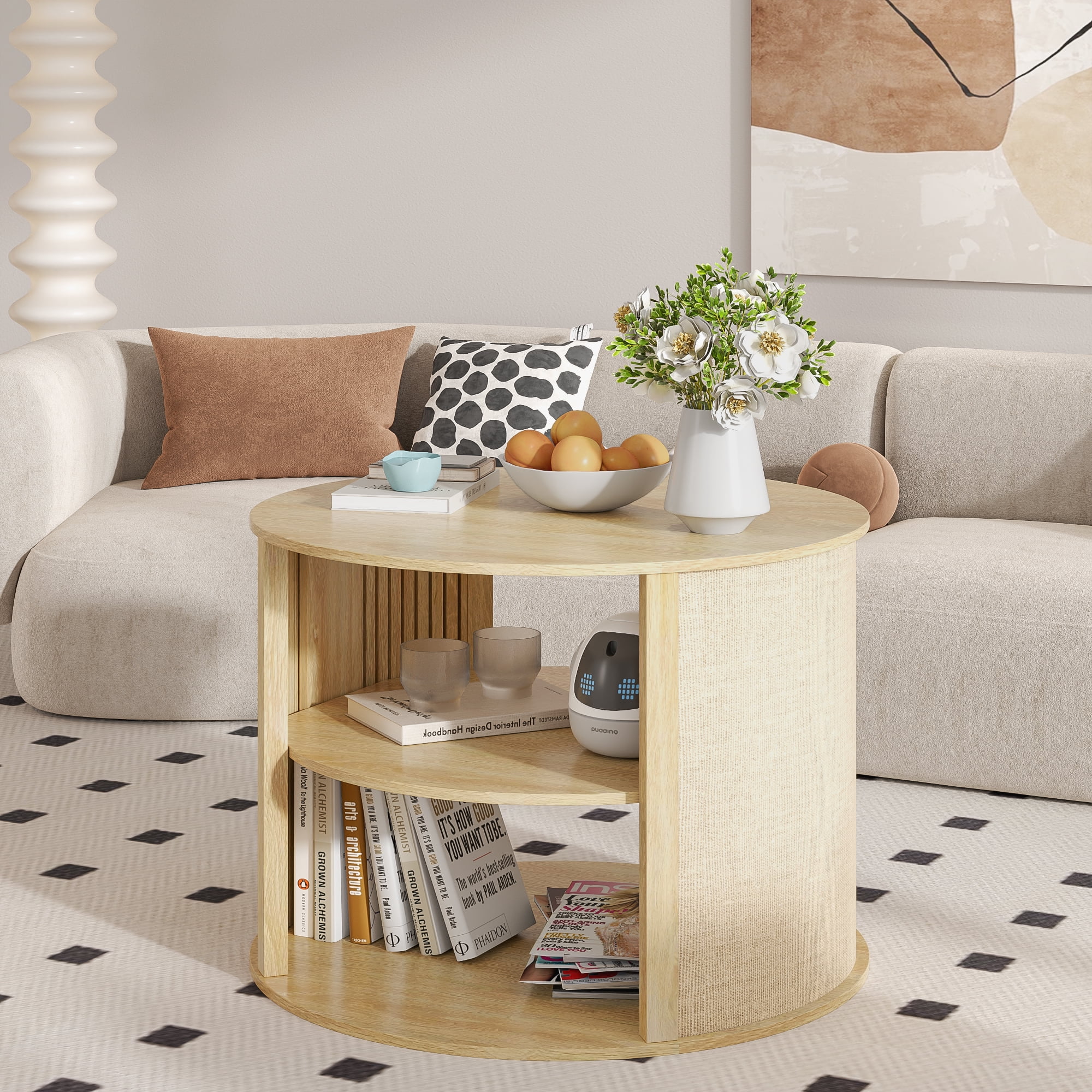 Round Coffee Table, 2-Tier Wood Center Coffee Table with Storage Shelf ...
