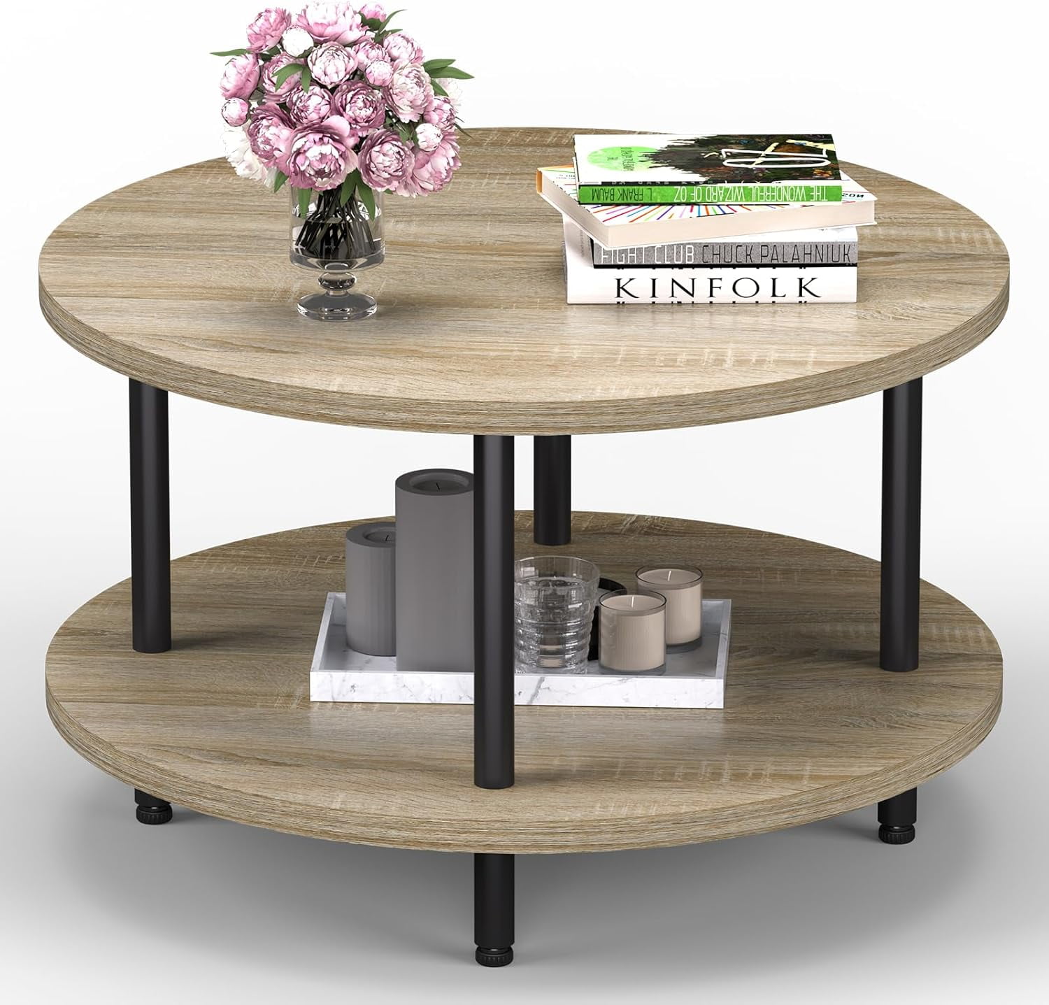 Round Coffee Table, 23.6" Low Table for Living Room, 2-Tier Circle ...