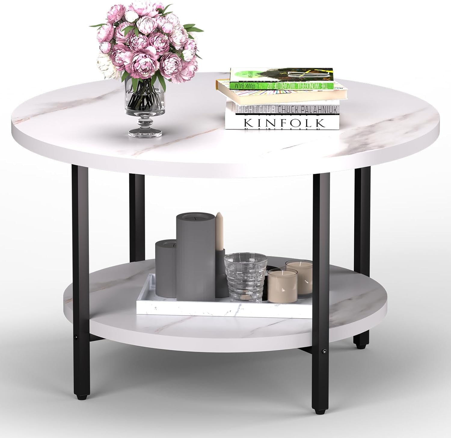 Round Coffee Table, 27.5" Small Coffee Tables, 2-Tier Circle Low Table ...