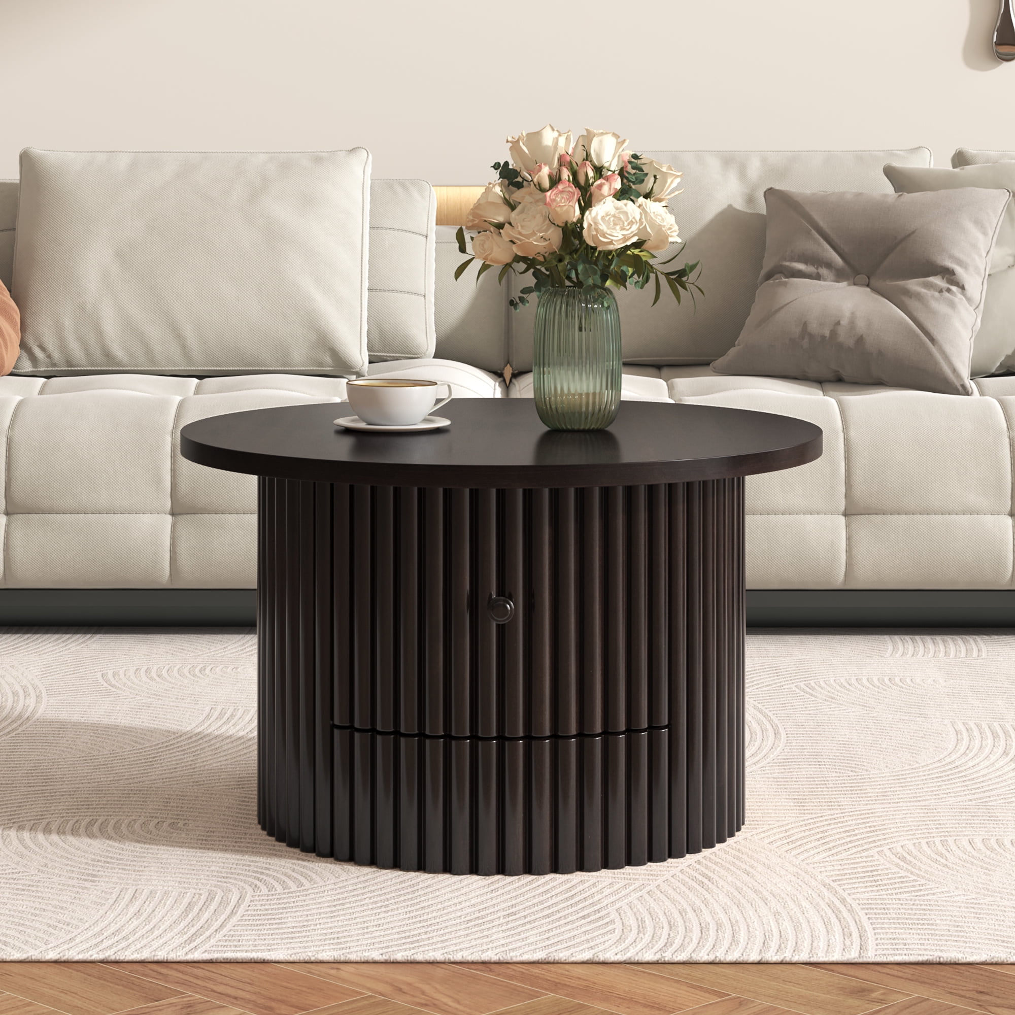Round Coffee Table, 30.5" Modern Side Table with 1 Drawer And Vertical ...
