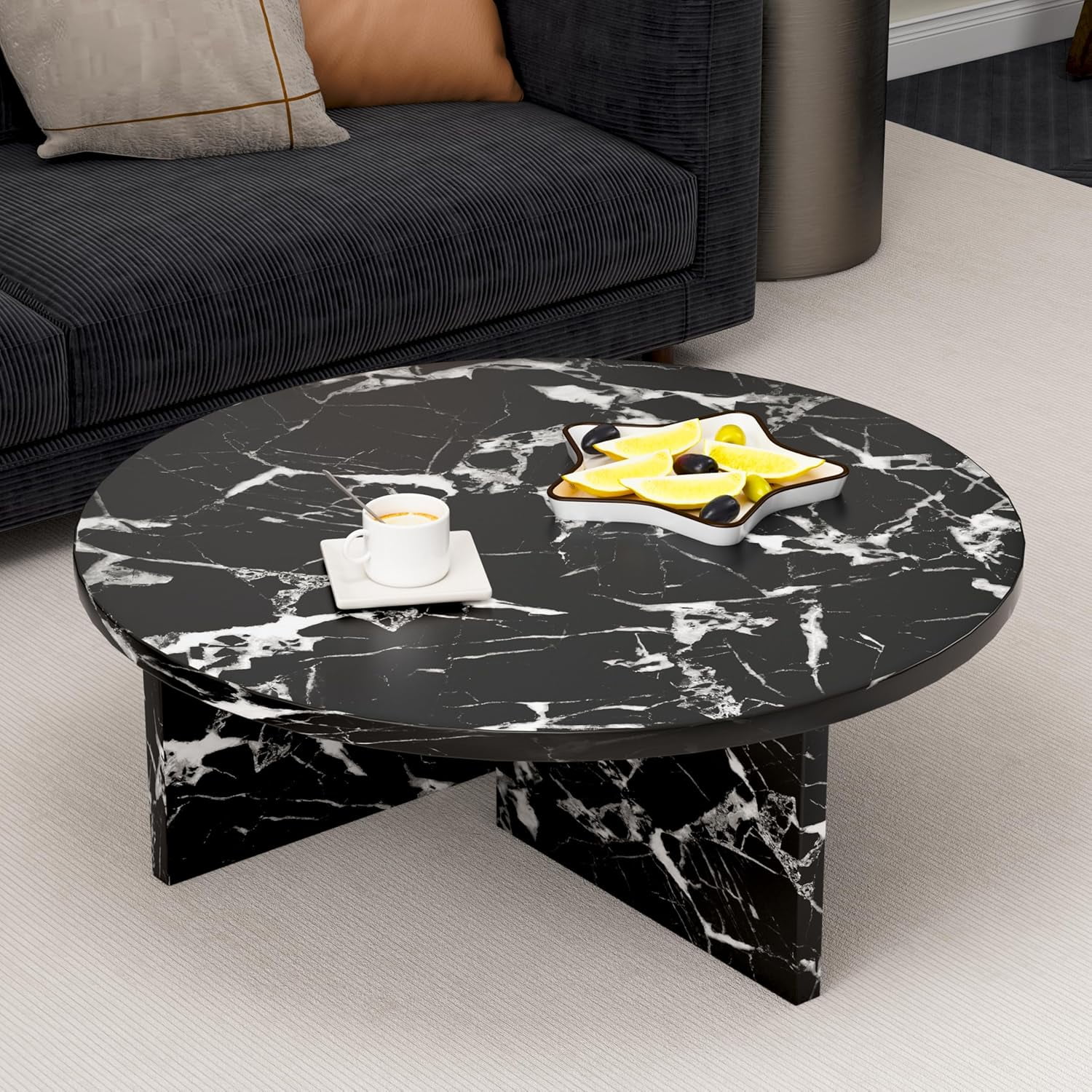 Round Coffee Table, 31.5" Coffee Table with Faux Marble Pattern, Low ...