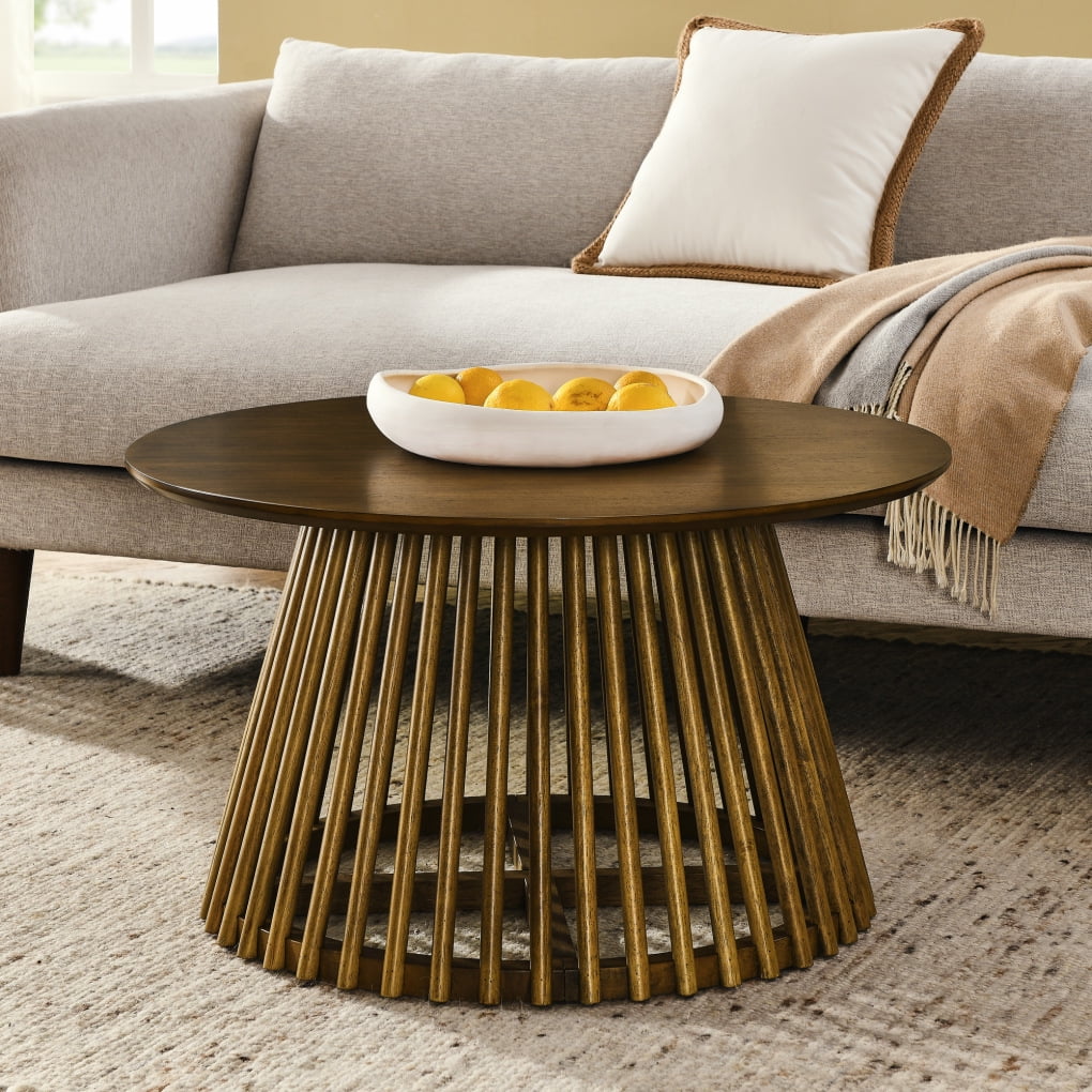 Round Coffee Table, 31.5" Solid Wood Coffee Tabletop with Cage-Like ...
